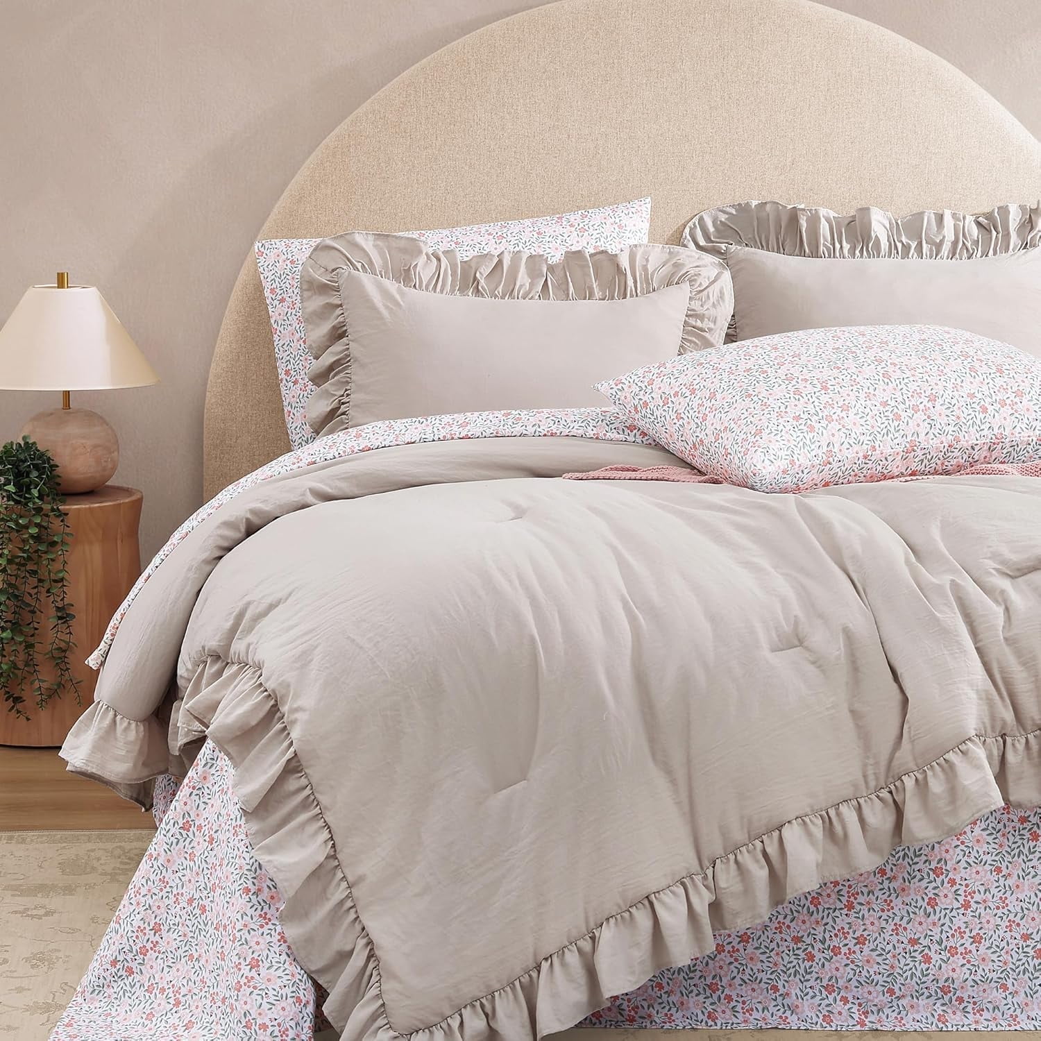 Full Comforter Set - 7 Pieces Ruffle Beige Bedding Sets, Shabby Chic ...