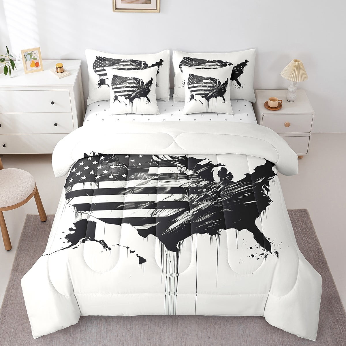 Full Comforter Set - American Flag 7 Pieces Reversible Comforters Black ...