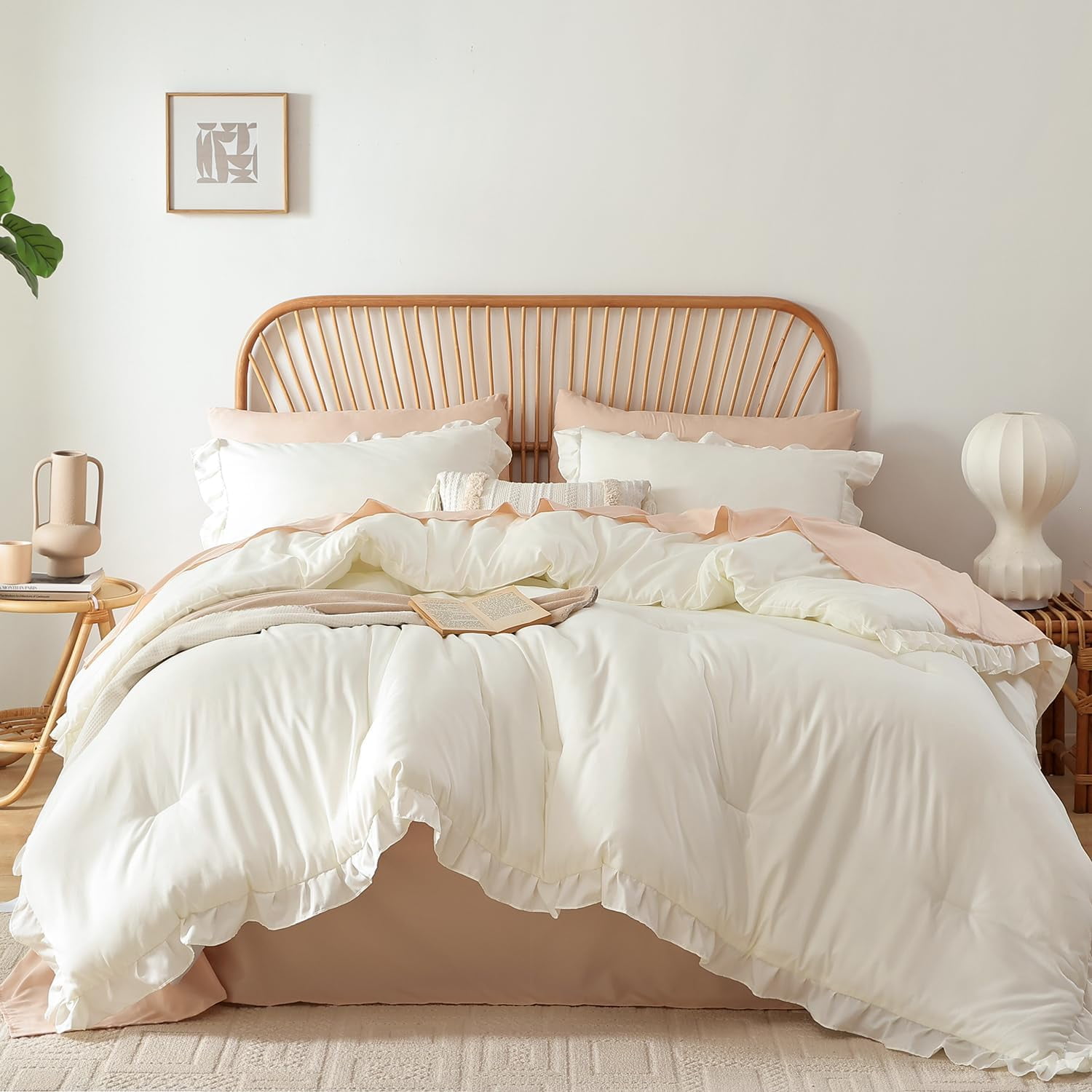 Full Comforter Set Creamy White Ruffle Comforter with 2 Pillowcase Soft ...