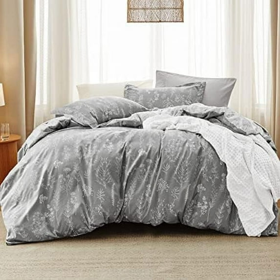 Full Comforter Set - Grey Bed Set, 3 Pieces Cute Floral Bedding, 1 Soft ...