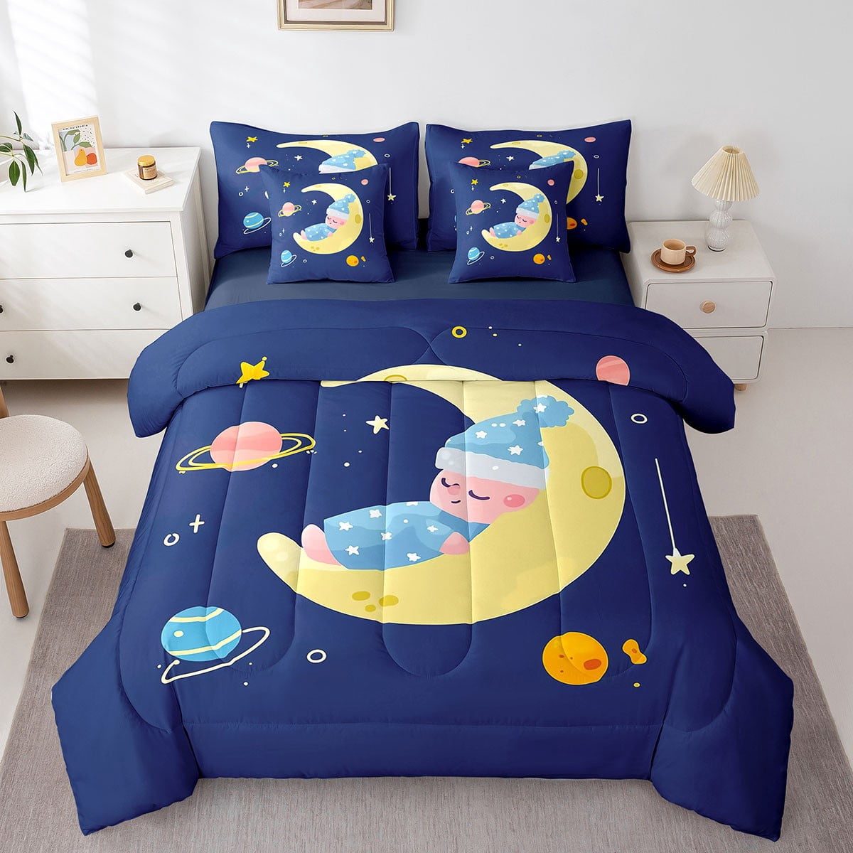 Full Comforter Set - Lovely 7 Pieces Reversible Comforters Cartoon Moon ...