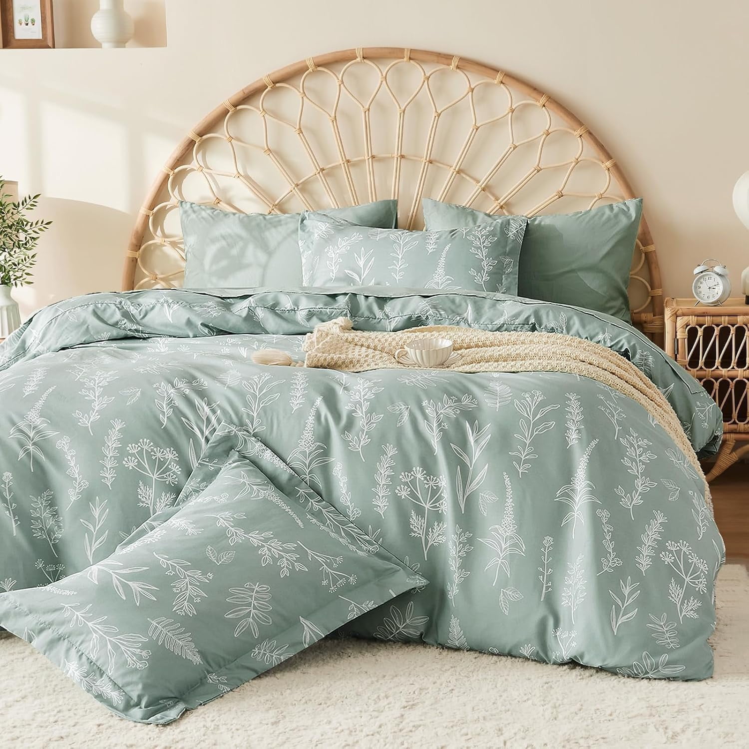 Full Comforter Set, Sage Green Elegant Floral Print Bed in a Bag 7 ...