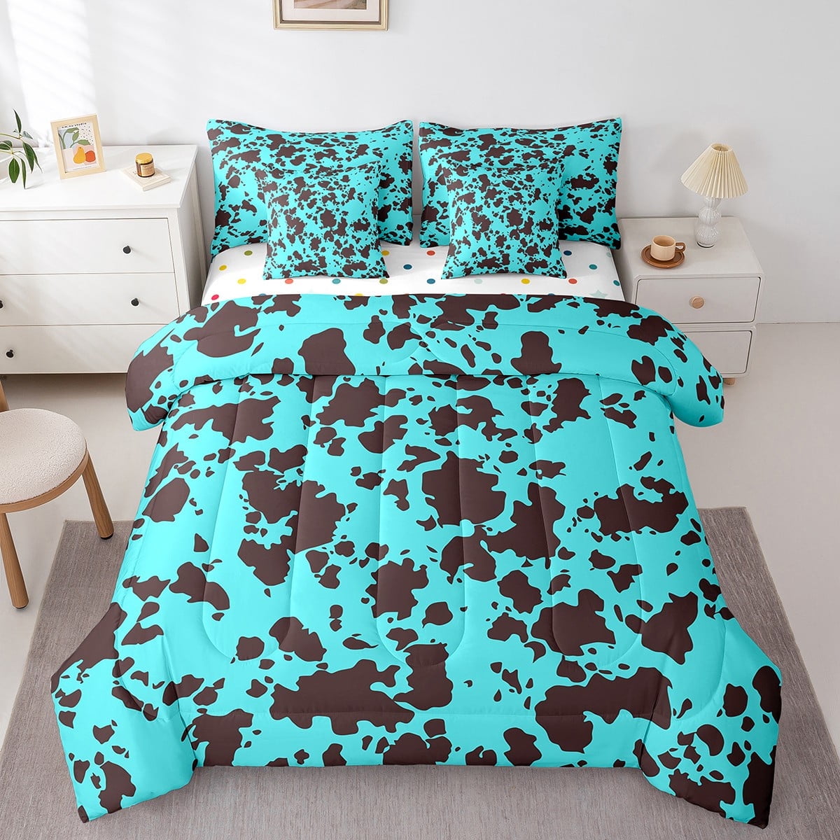 Full Comforter Sets 7-Piece,Cartoon Cow Bedding Set with Sheets Bed in ...