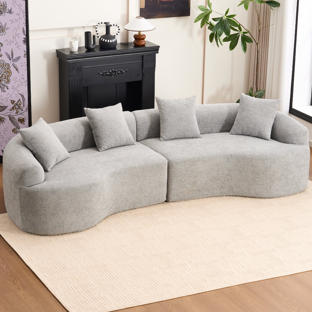 Full Compression Sponge Sofa Grey Curved Modular Sectional, 30D High-Density Chenille Sleeper ...