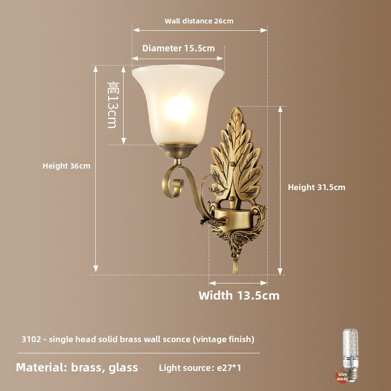 Full Copper Wall Lamp, American Vintage & French Luxury LED Bedroom ...