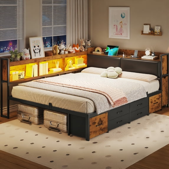 Upholstered Corner Bed Frame with Storage, 14''H Under LED Daybed Frame ...