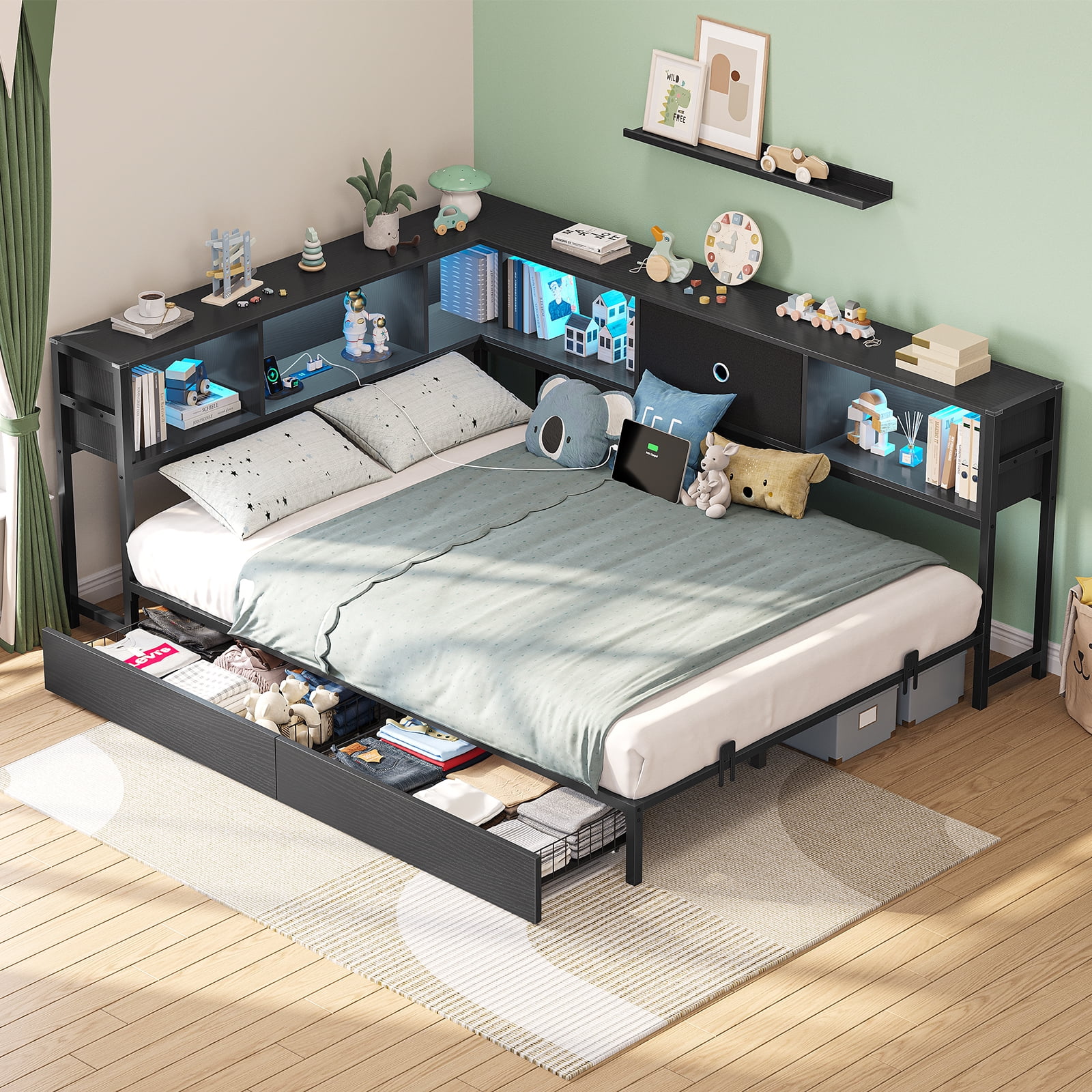Full Corner Bed Frame with Bookcase Storage and Led Lights,Full Daybed ...