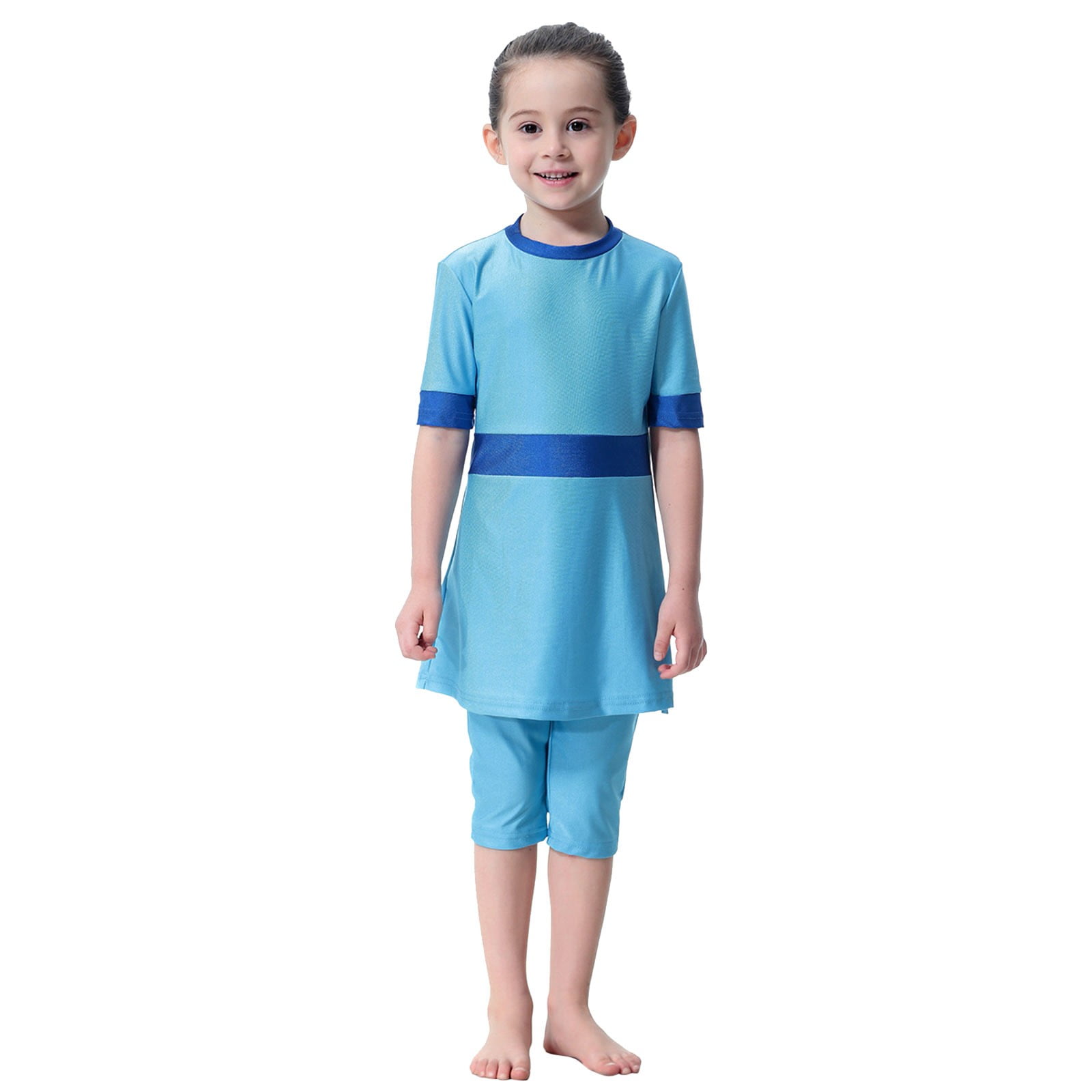 Full Coverage Swimwear for Girls Summer Color Block Short Sleeve Swim ...