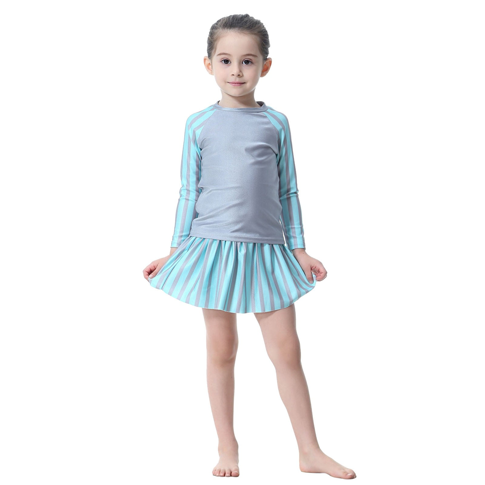 Full Coverage Swimwear for Girls Summer Striped Print Long Sleeve Swim ...