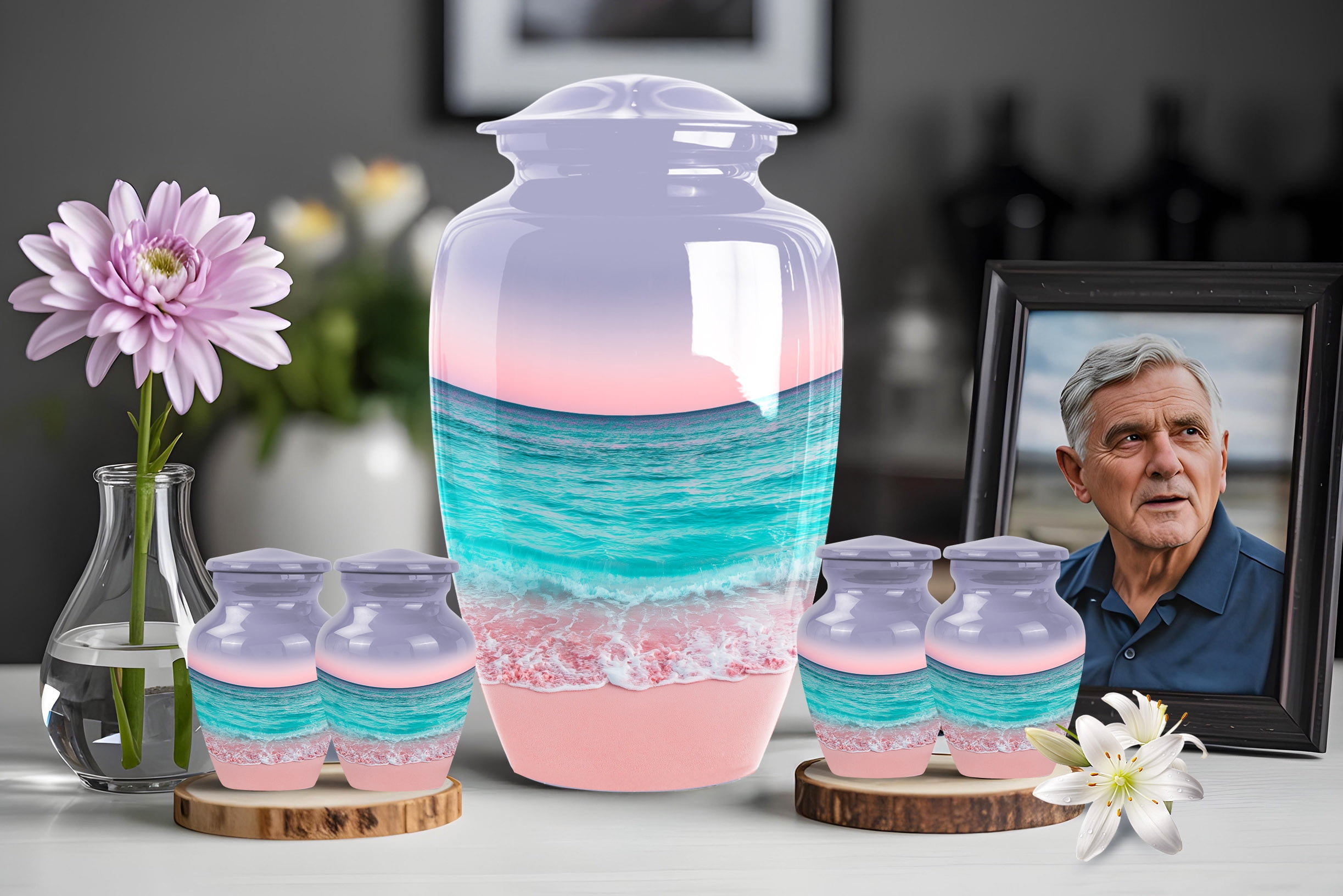 Full Cremation Urn Set for Family – Ocean Wave and Shell Memorial with ...