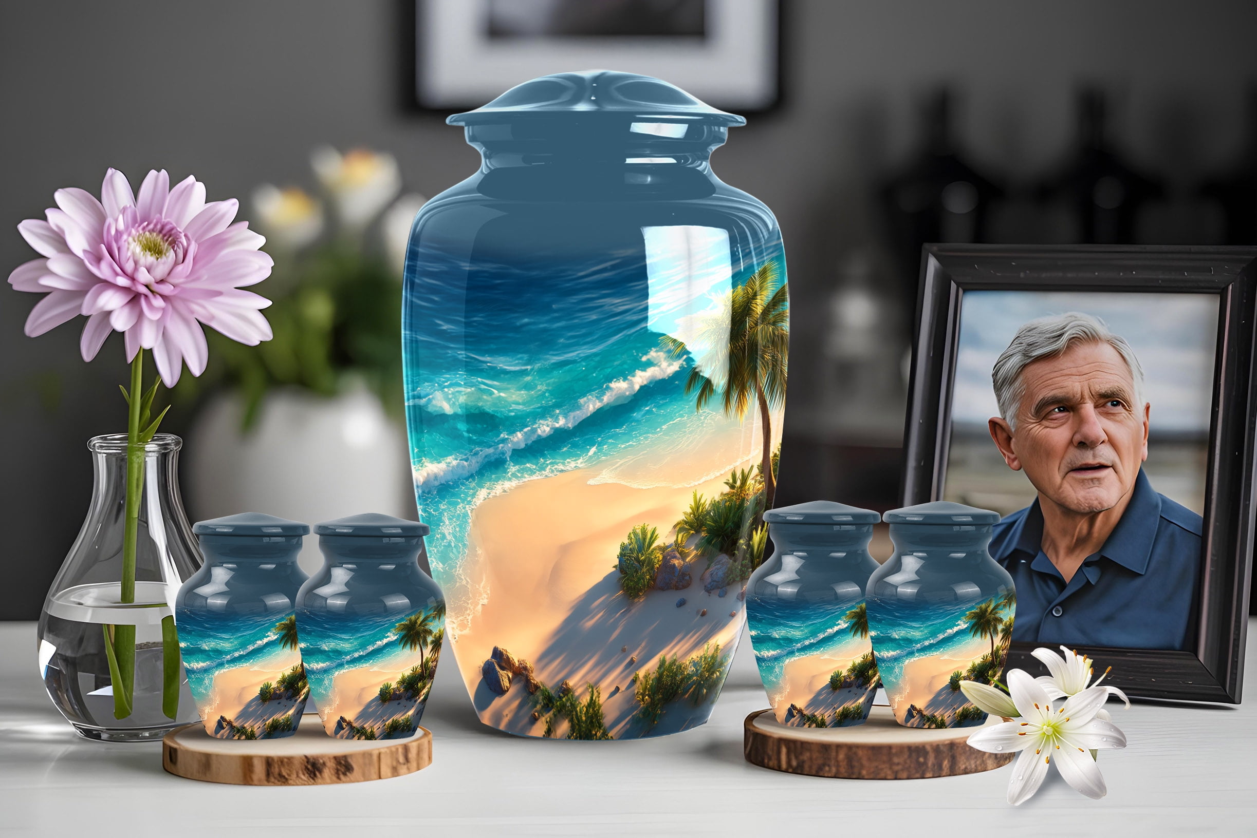 Full Cremation Urn Set for Family – Tropical Sunset Beach Ashes Memorial with 4 Keepsakes ...