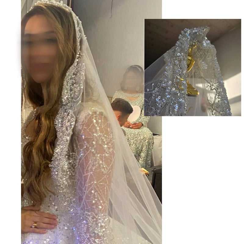Full Crystal Pearl Lace Veil Bridal Cathedral Luxury 2024 New Wedding ...