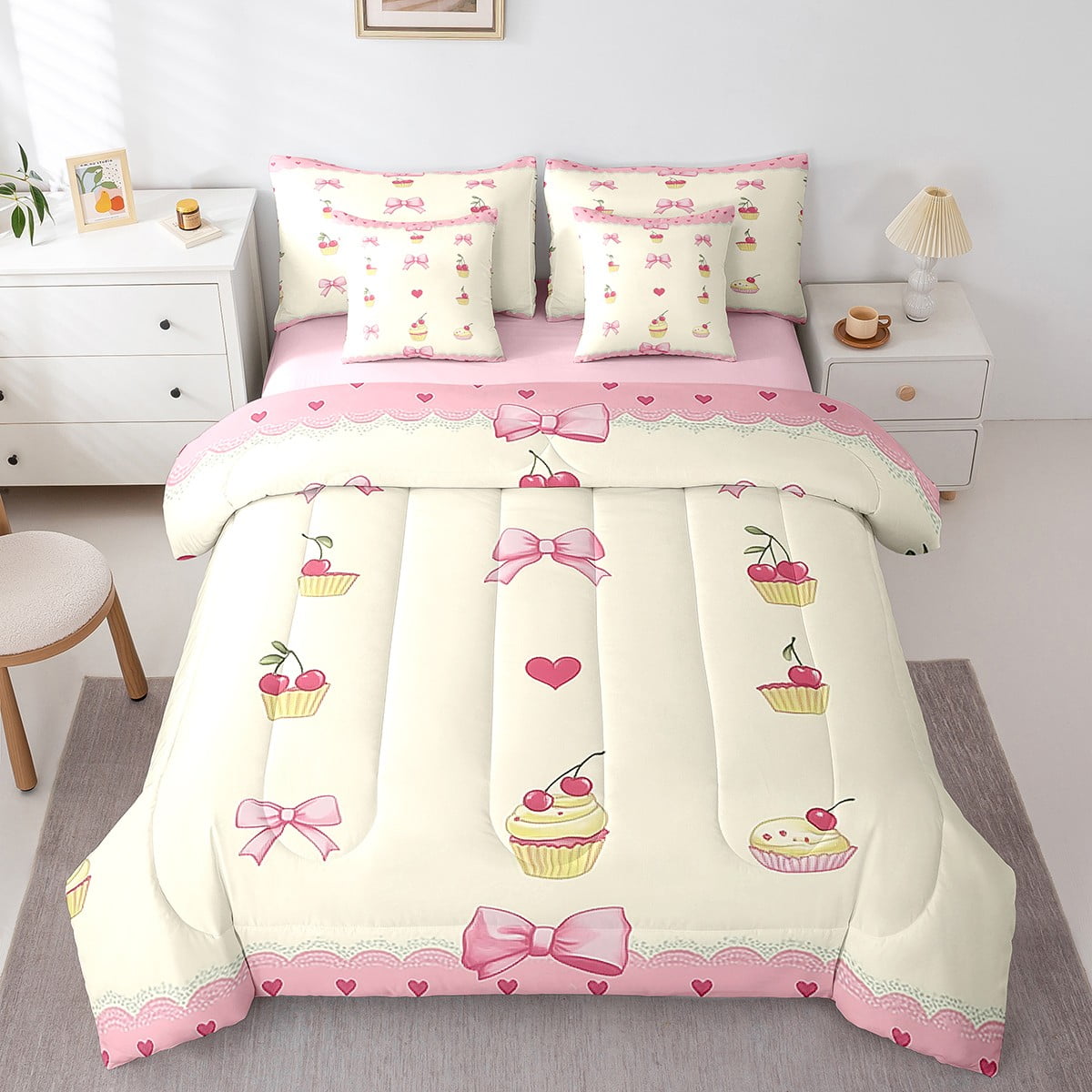 Full Cute Bow Bed In A Bag Pink Bowknot Decor Comforter Set 7-Piece ...