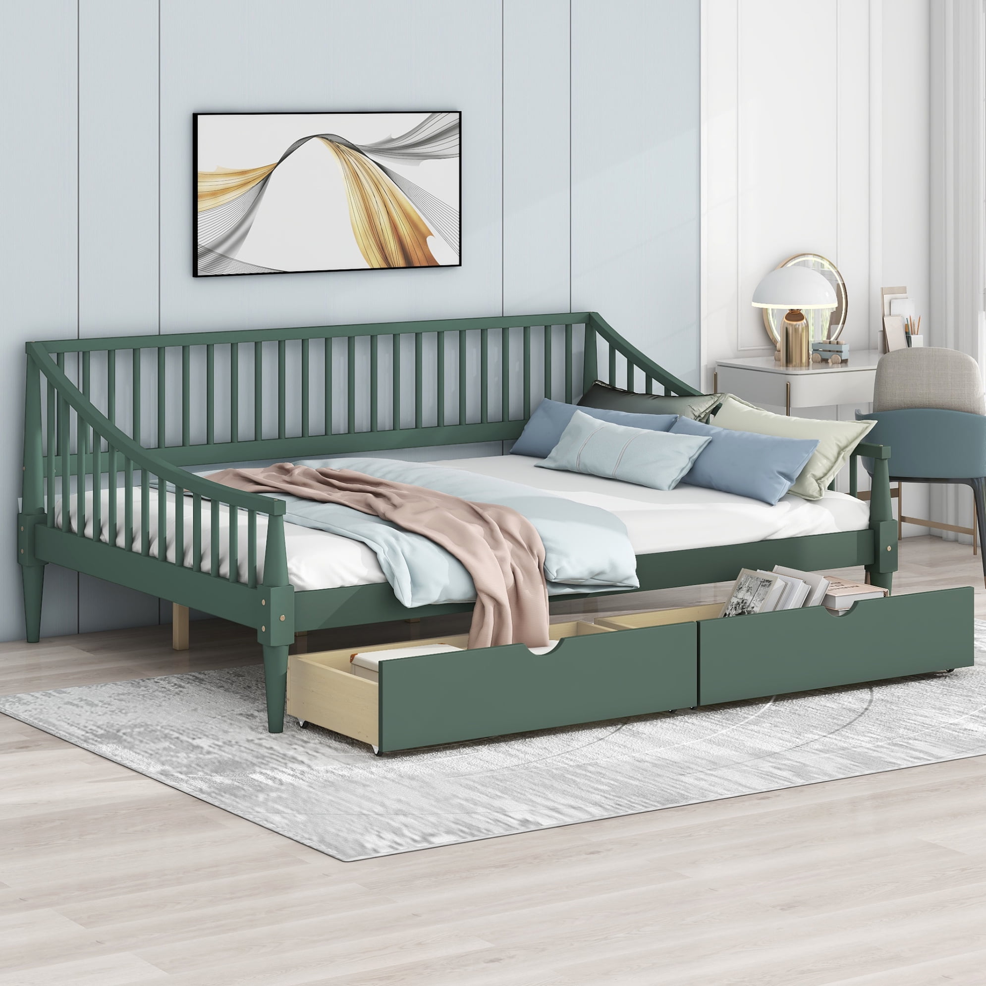 Full Daybed with 2 Storage Drawers, Wooden Daybed Frame with Safety ...