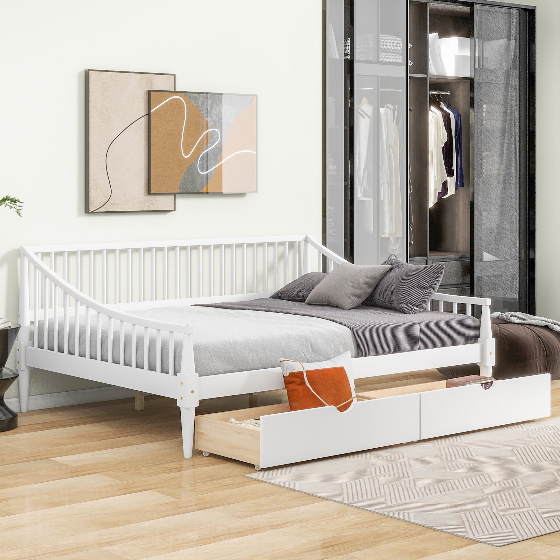 Full Daybed with 2 Storage Drawers, Wooden Daybed Frame with Safety ...