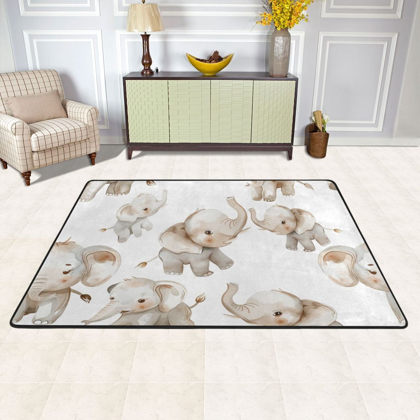 Full Elephants Area Rug Washable 72 x 48 Floor Carpet Mat Non Slip for ...