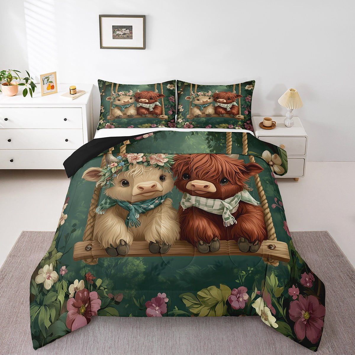 Full Farmhouse Comforter Sets,Highland Cow Bedding Set for Cow,Floral ...