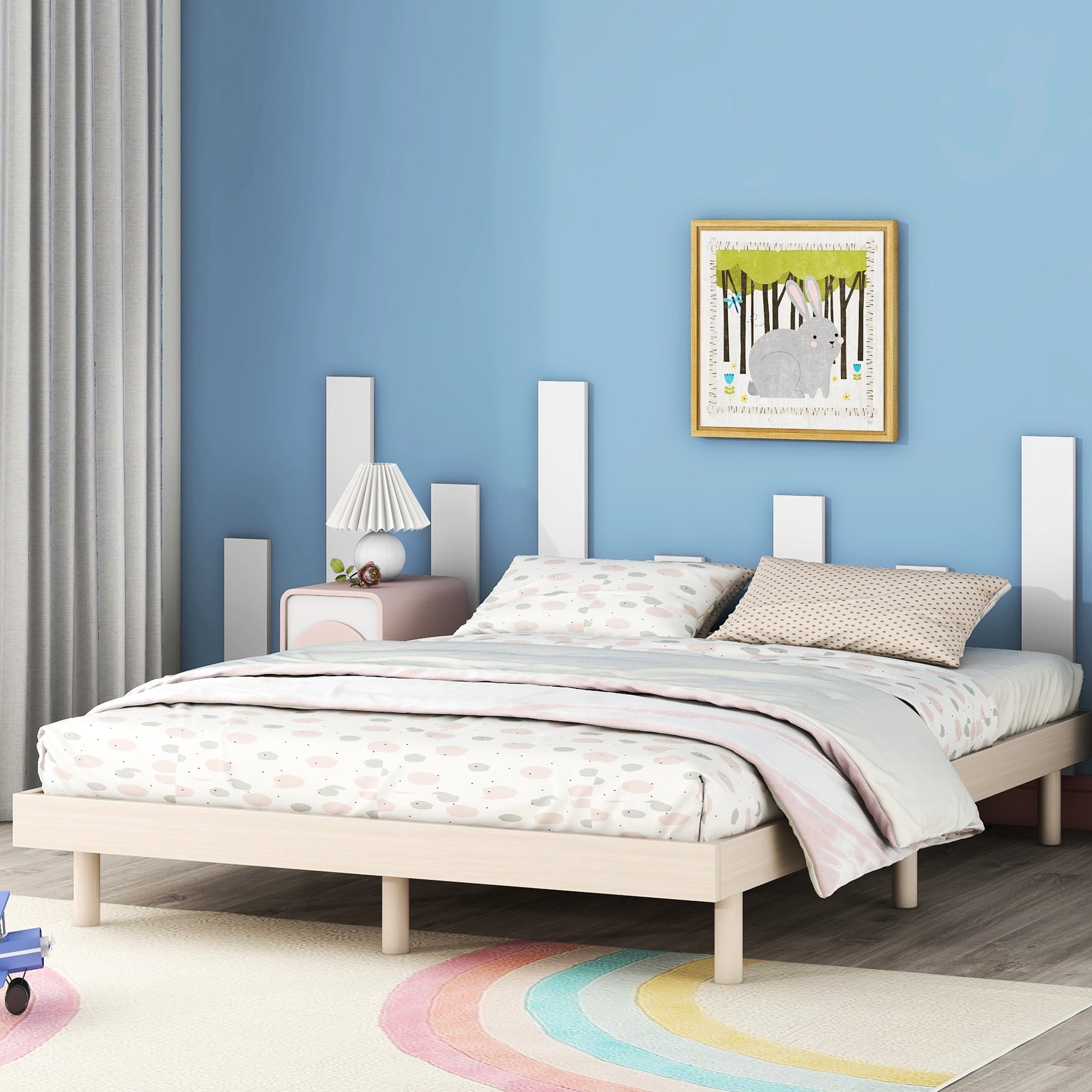 Full Floating Bed Frame In White Wash - Enhances Bedroom Decor Washed ...