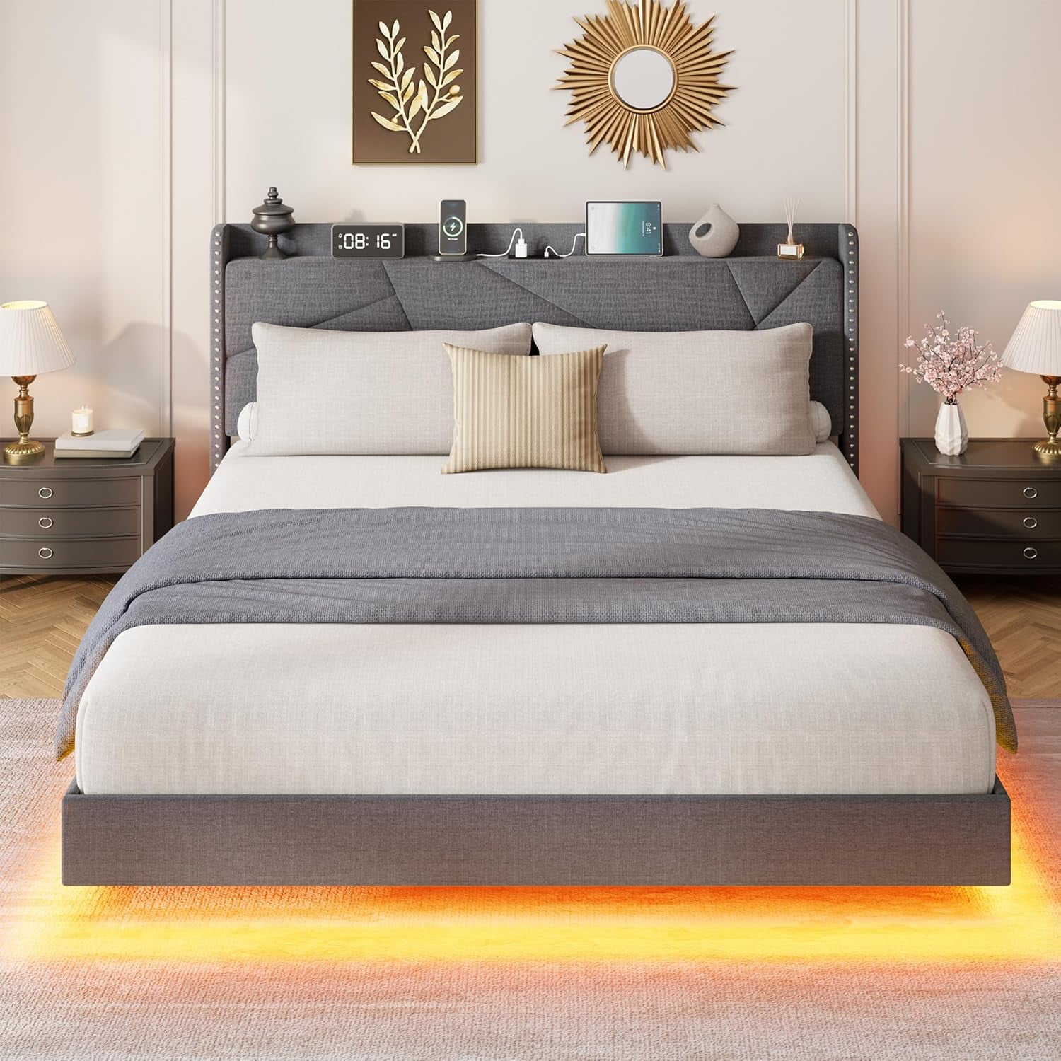 Full Floating Bed Frame with LED Lights & Charging Station, Upholstered ...