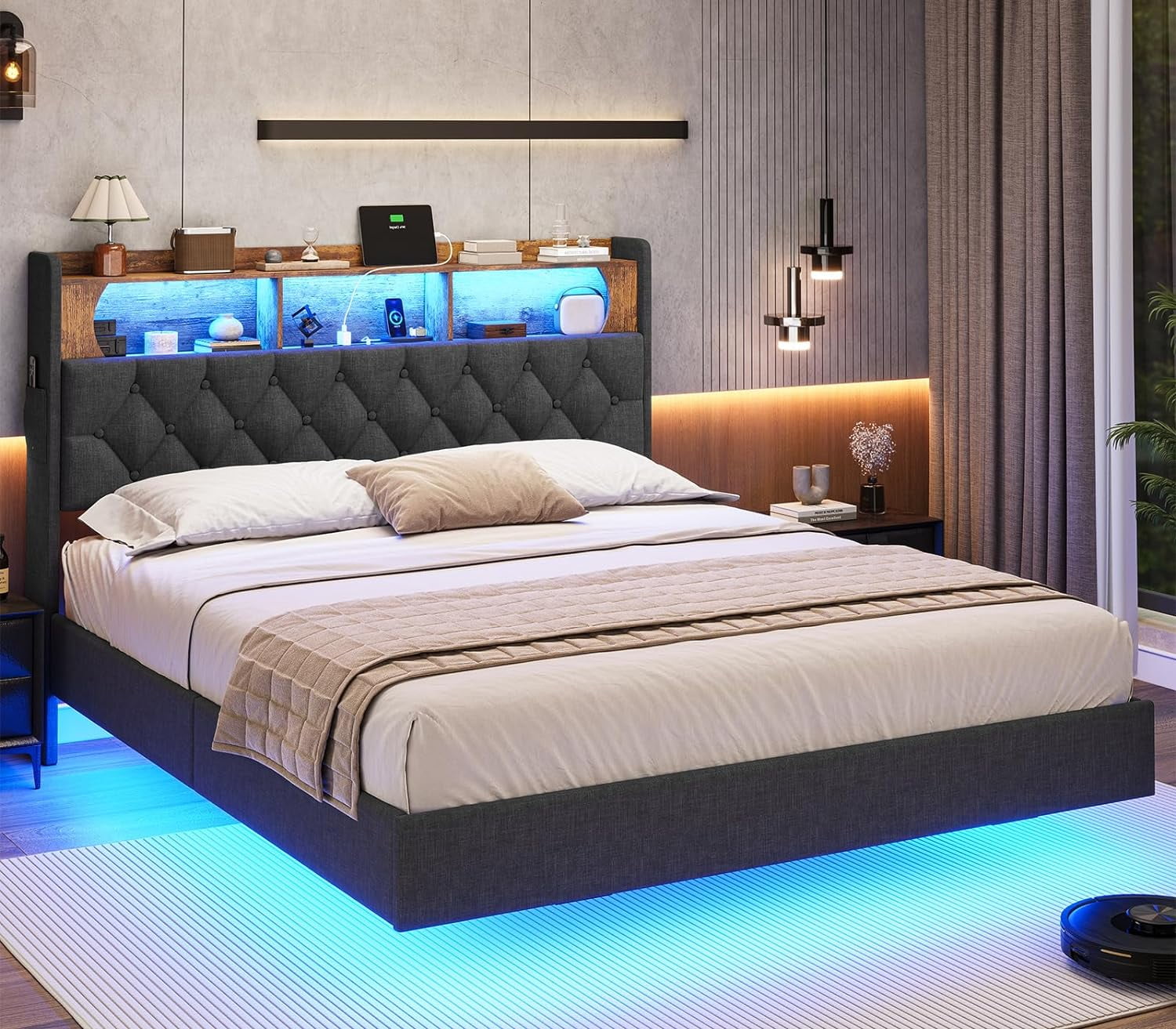 Full Floating Bed Frame with Storage Headboard and LED Light ...