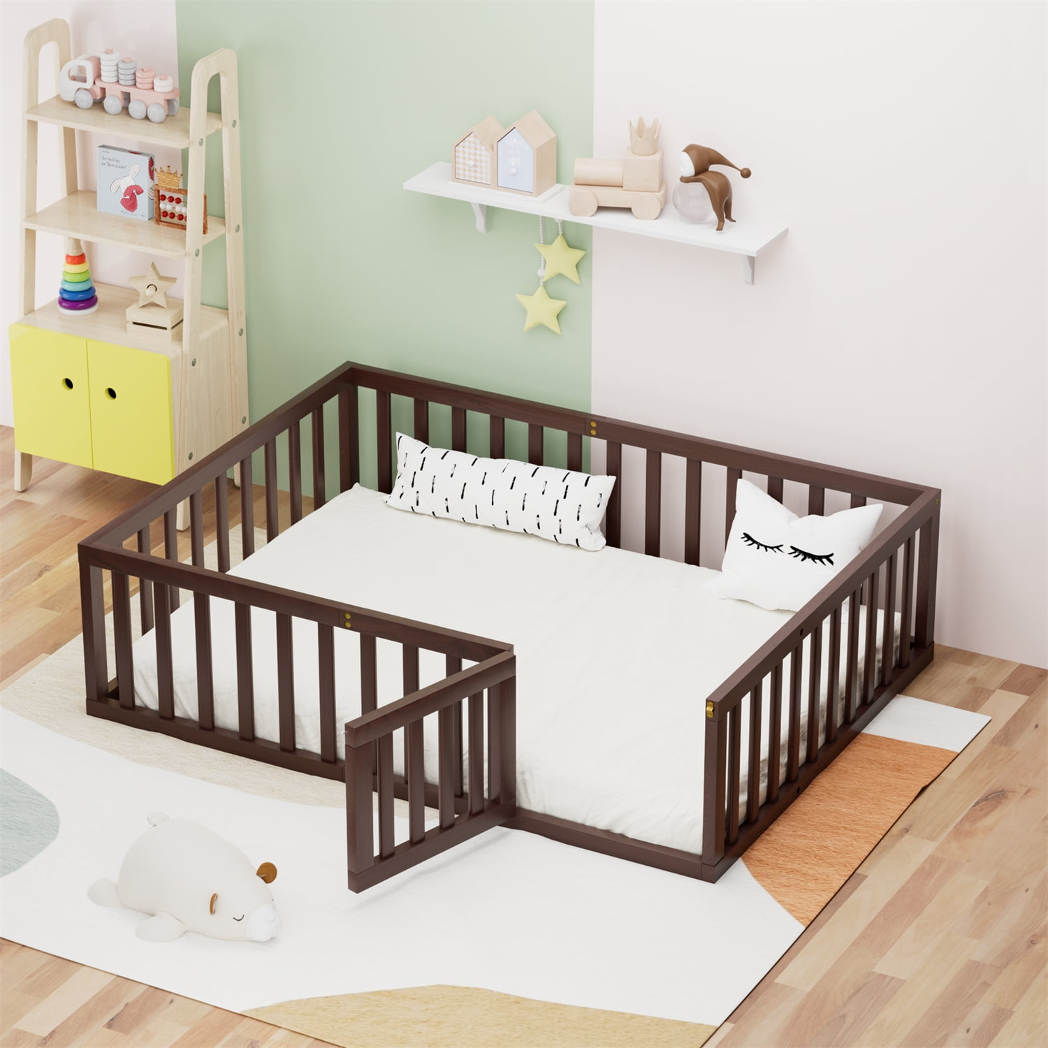 Full Floor Bed for Kids Solid Wood Montessori Bed Frame with Door ...