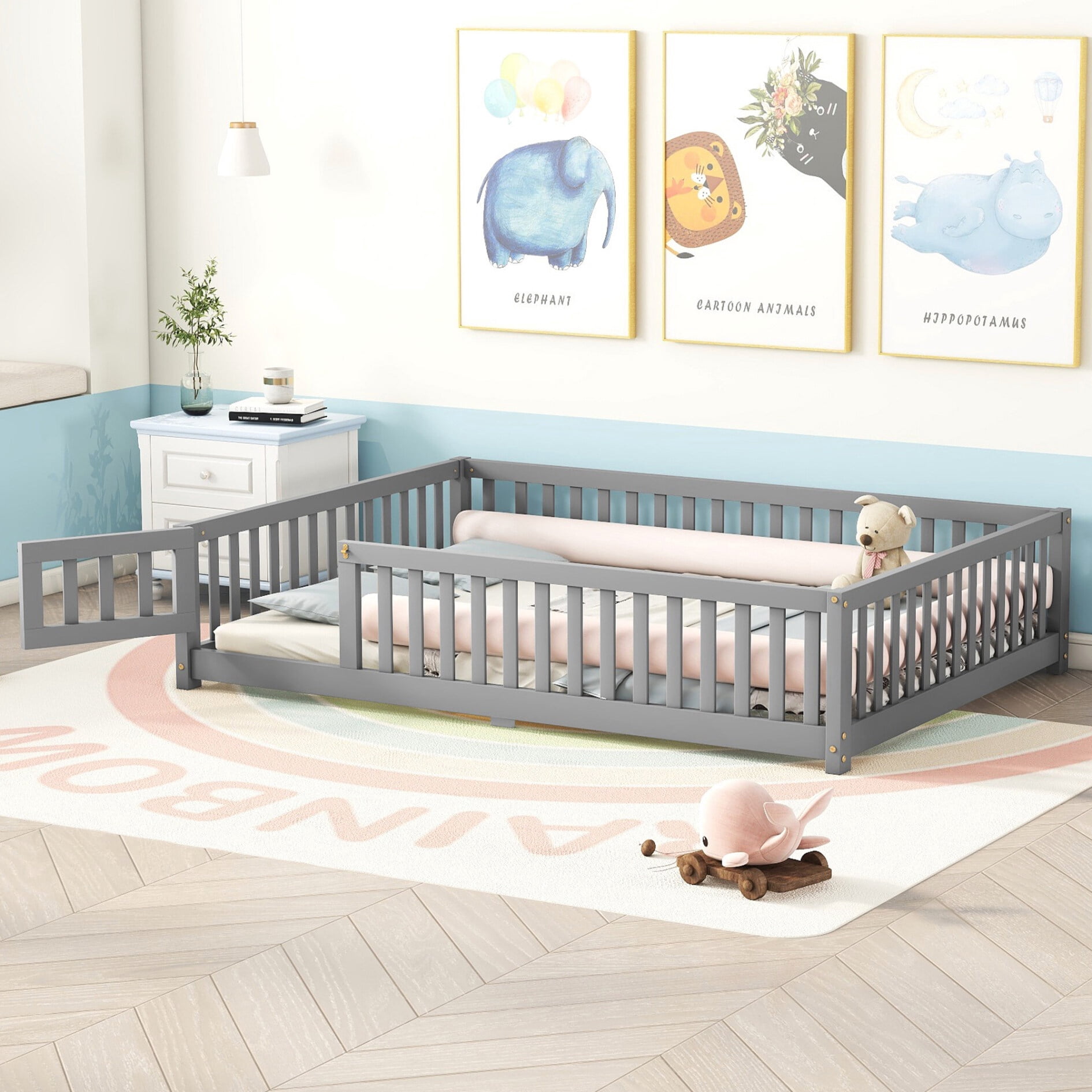Full Floor Bed with Slats, Wood Montessori Floor Bed Frame with Fence ...