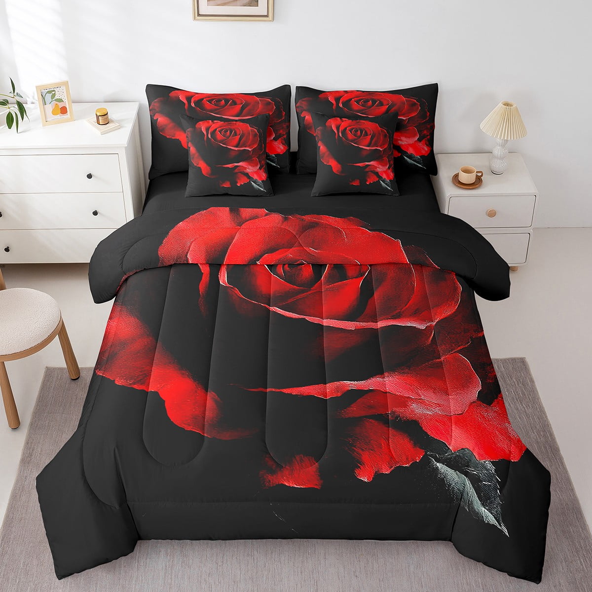Full Flower Comforter Sets 7Pcs Women Couple,Rose Bedding Set with ...