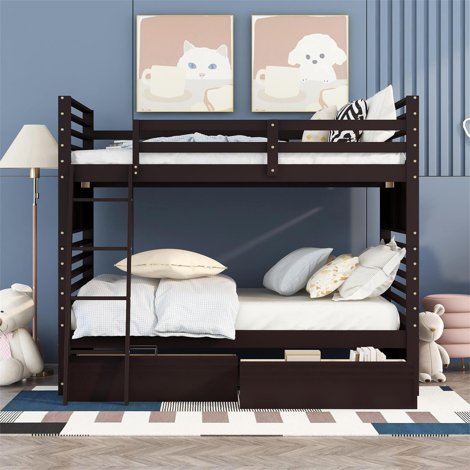 Full over Full Bunk Bed with 2 Drawers, Solid Wood Detachable Bunk Bed ...