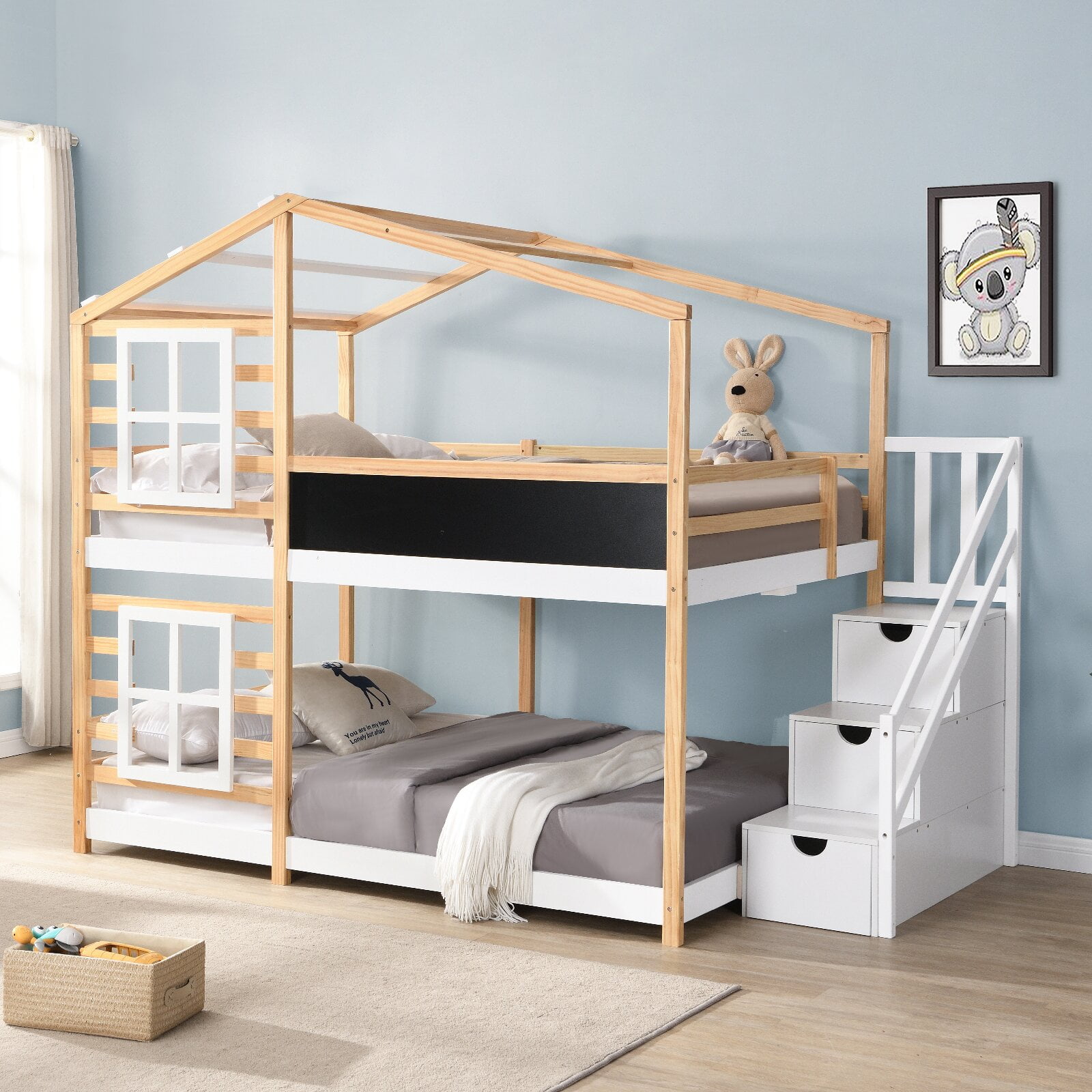 Full over Full Bunk Bed Frem with Roof Windows and Storage Drawers ...