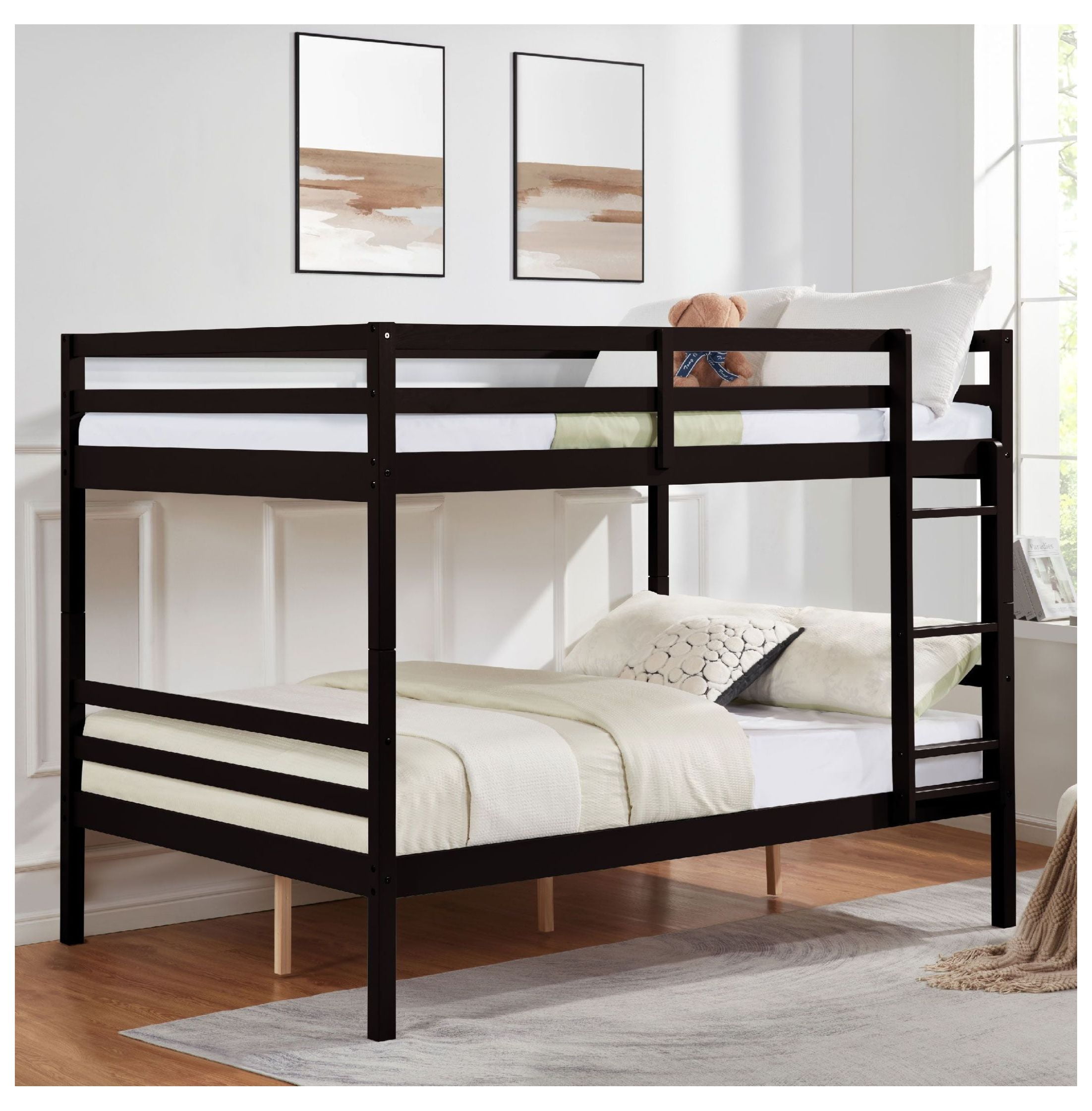 Full over Full Bunk Bed with Ladder,Wooden Bunk Bed with High Guardrail ...