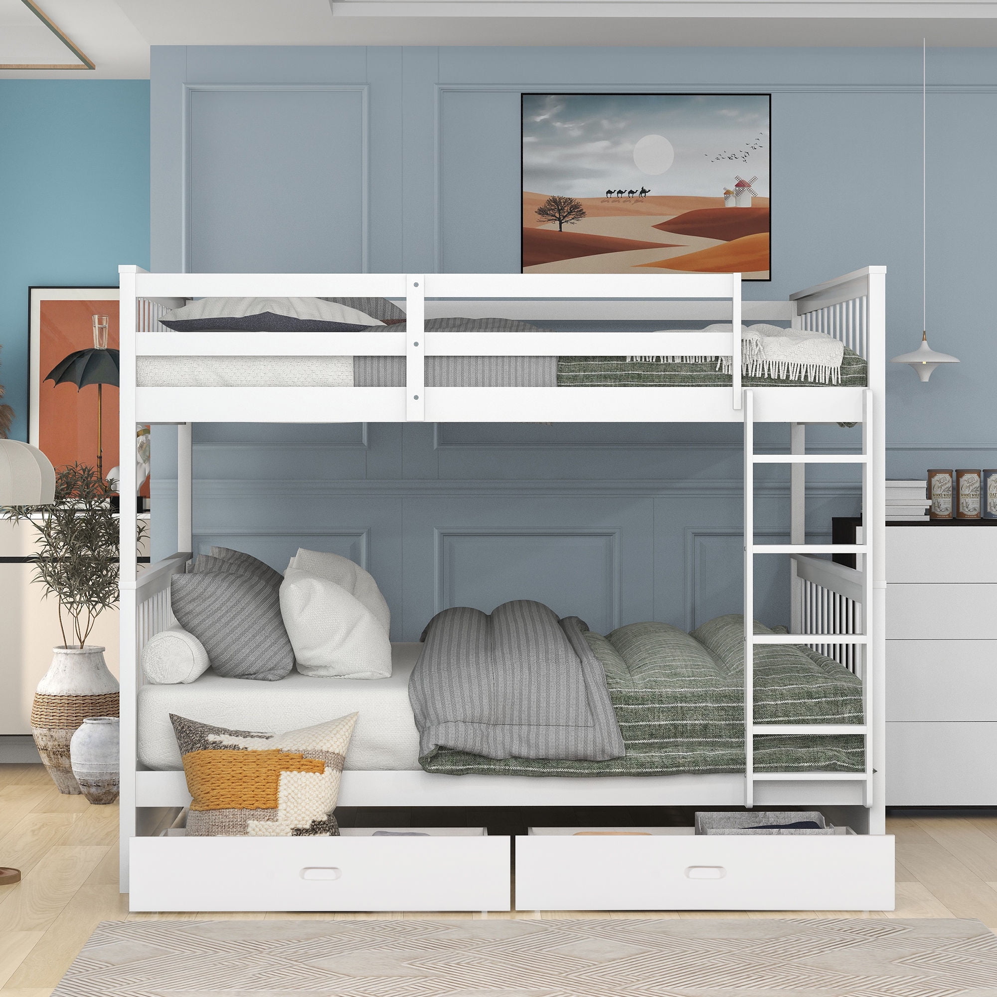 Full Over Full Bunk Bed with Storage Drawers - Solid Pine Wood ...