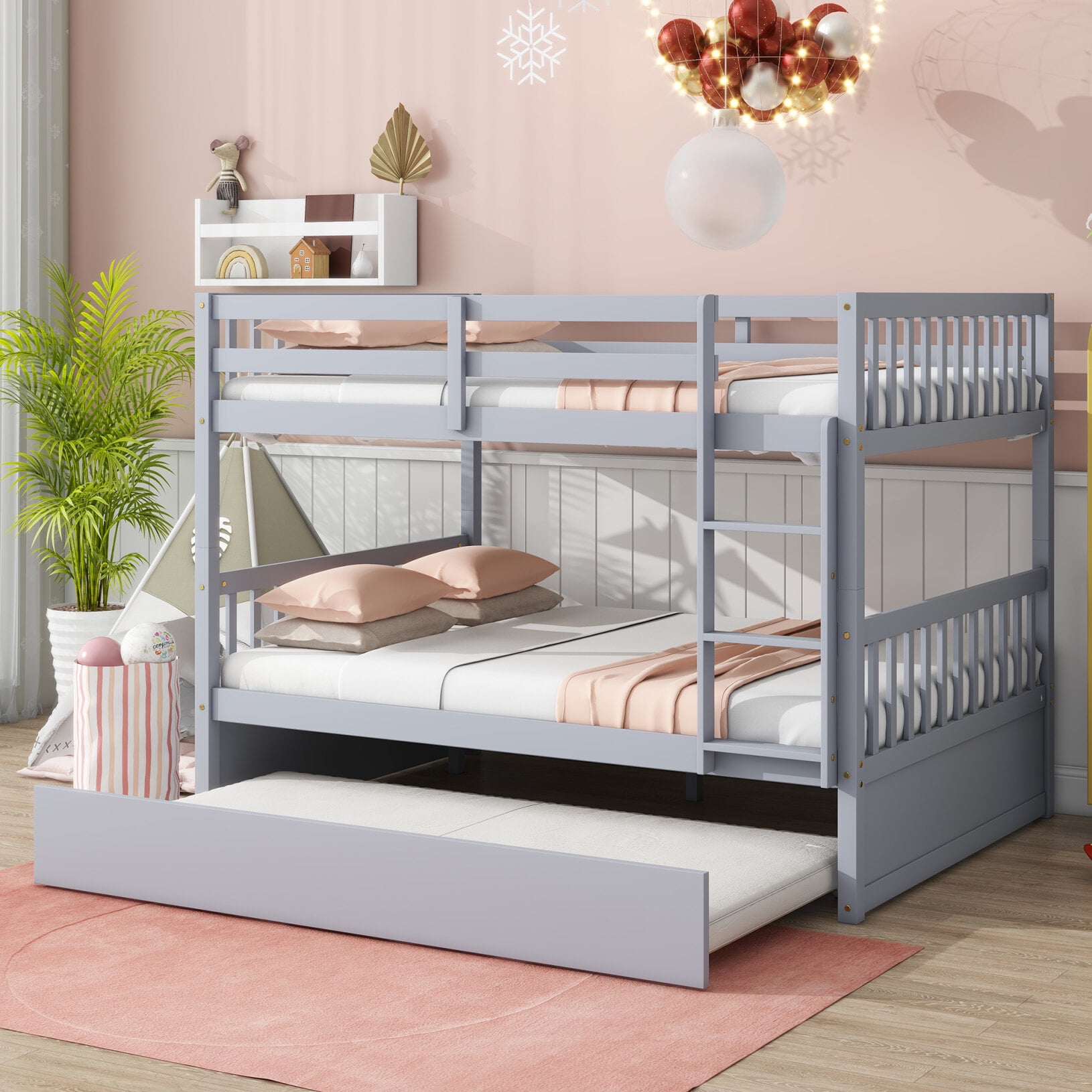 Full Over Full Bunk Bed with Trundle, Convertible Platform Bed Frame ...