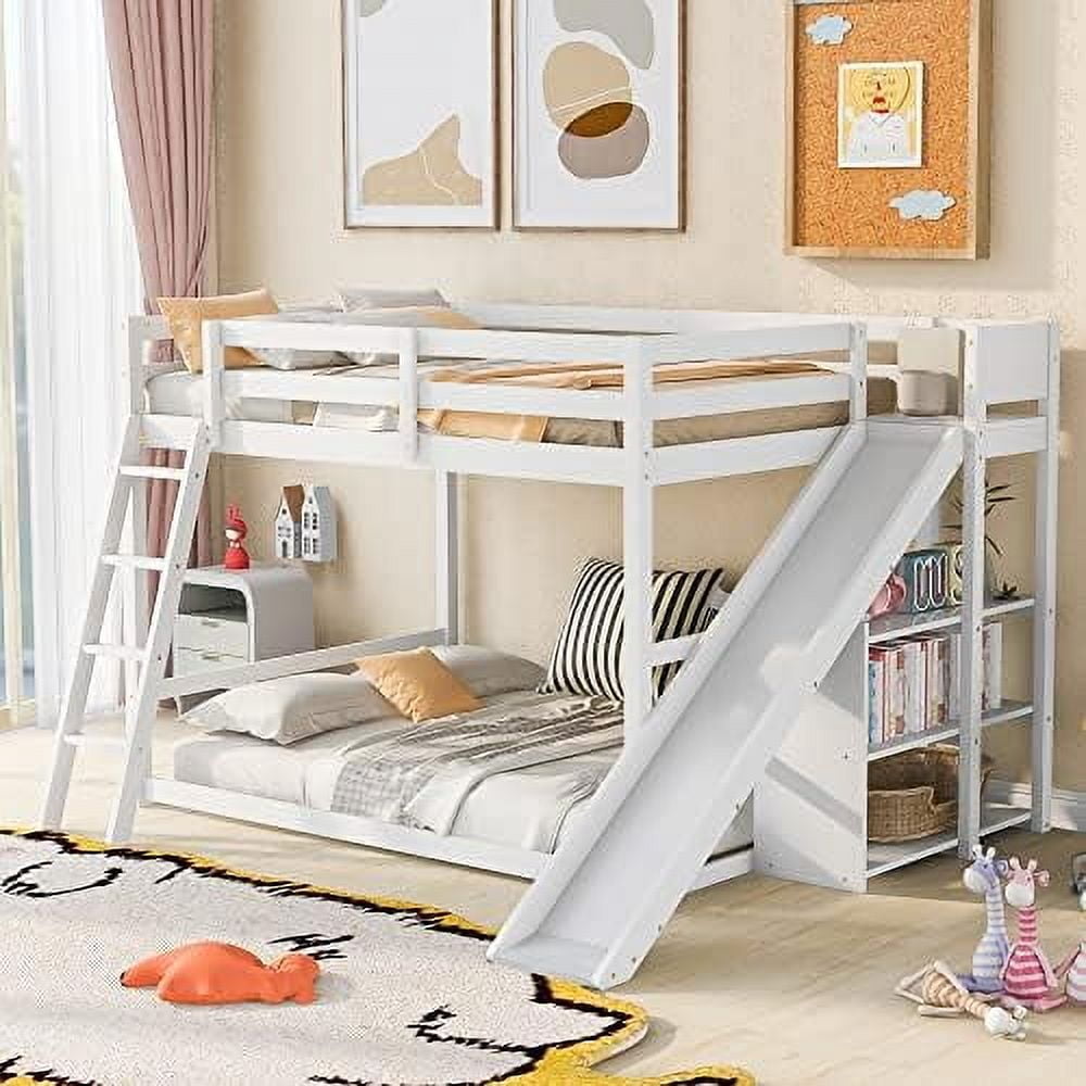 Full Over Full Bunk Beds with Slide and Storage Shelves, Wood Floor ...