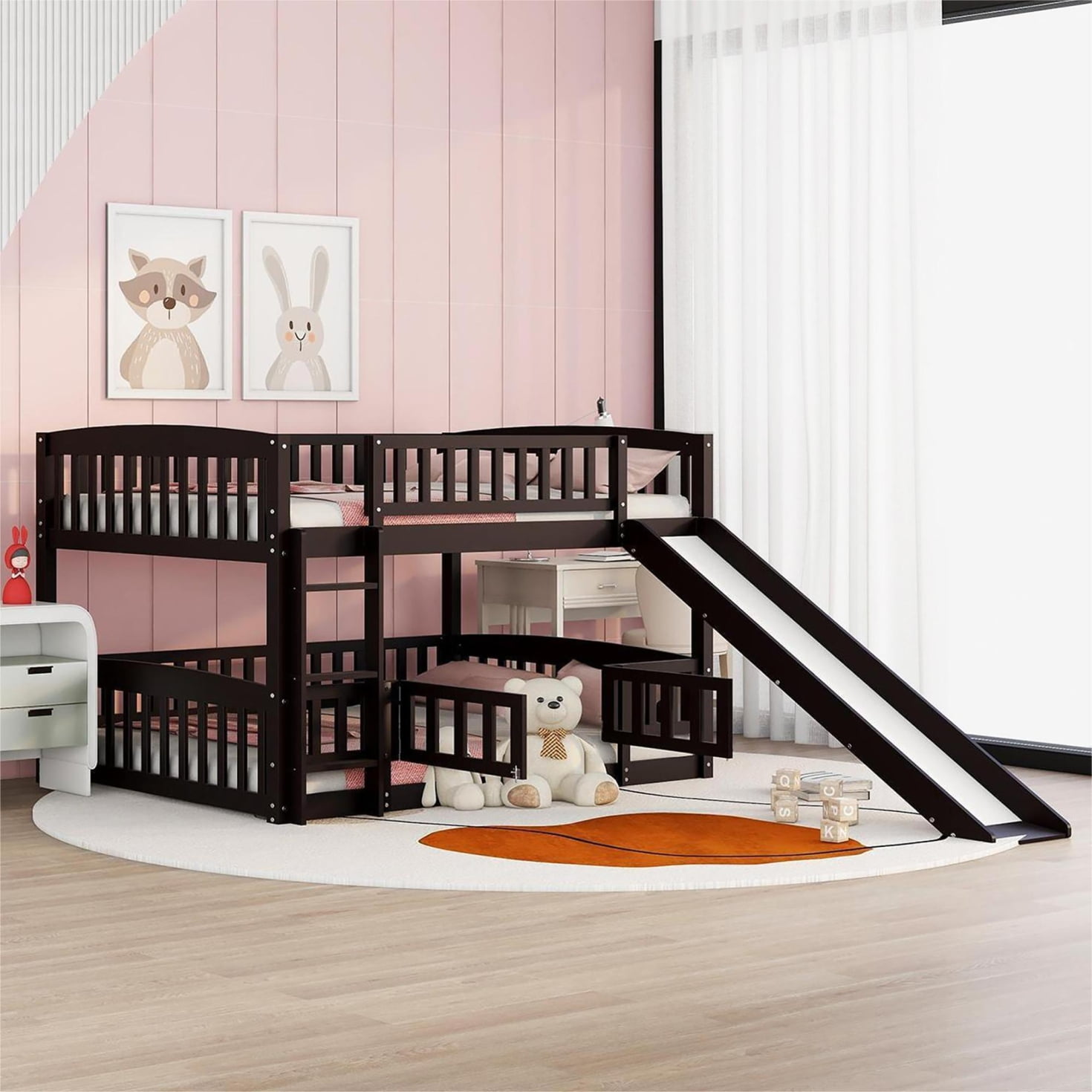 Full Over Full Low Bunk Bed with Slide and Removable Ladder ...