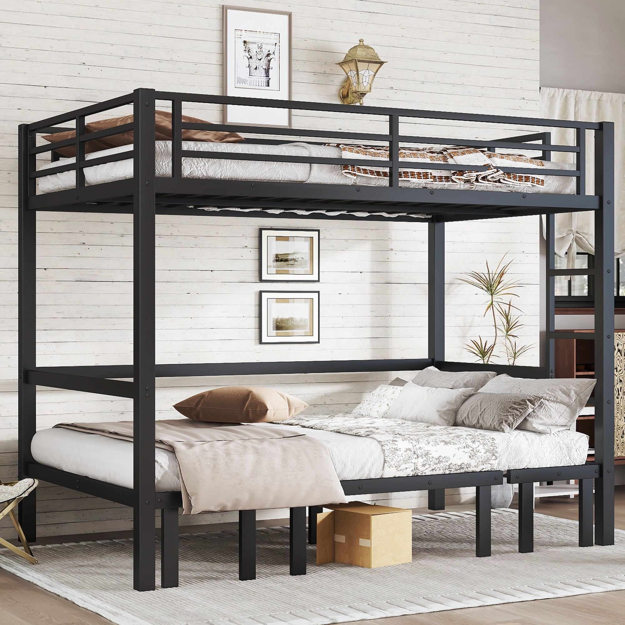 Full over Full Metal Bunk Bed with Pull-Out Sofa Function, Space-Saving ...