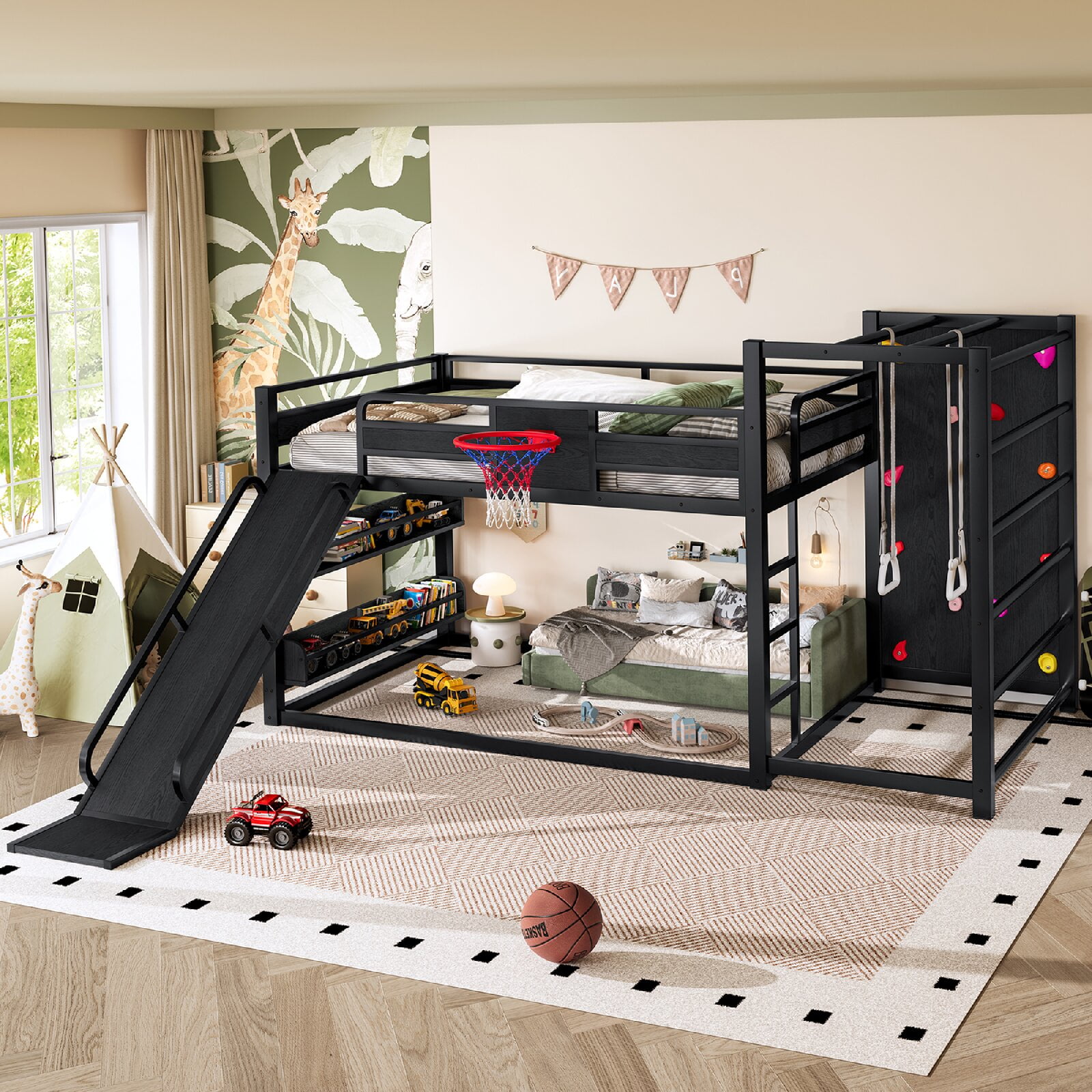 Full Over Full Size Bunk Bed Frame with Basketball Hoop and Pull-up ...