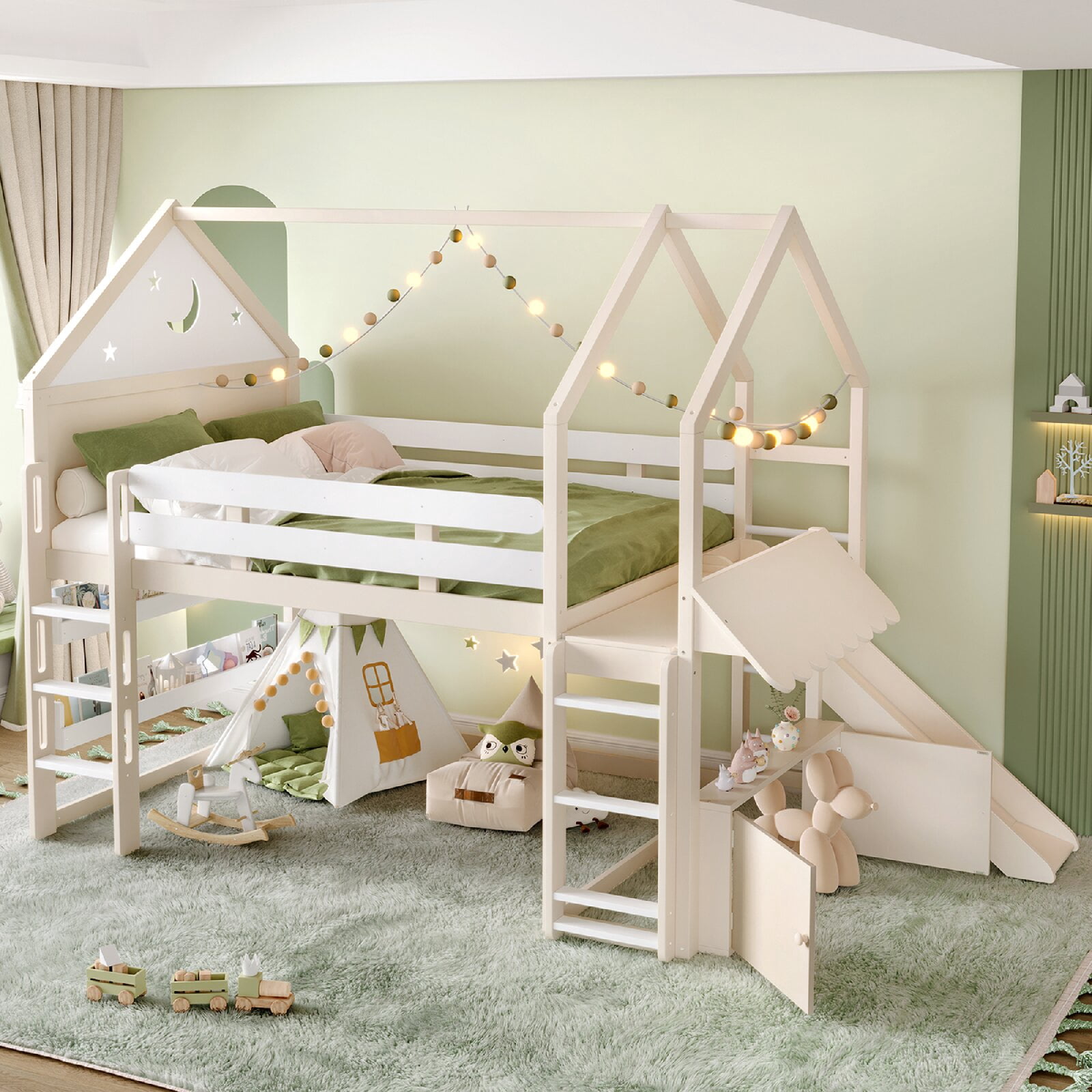 Full Over Full Size Bunk Bed Frame with Bookshelf and Playful Design ...