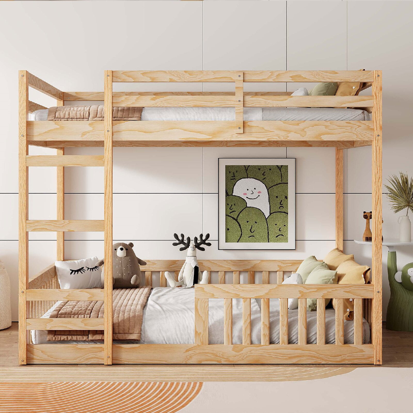 Full over Full Size Bunk Bed Frame with Ladder and Guardrails, Solid ...