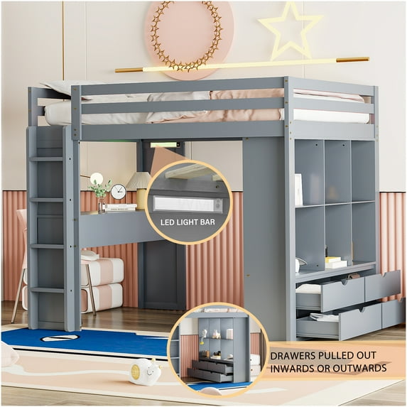 Full Gaming Loft Bed with LED Lighting & Built-in Charging Station ...