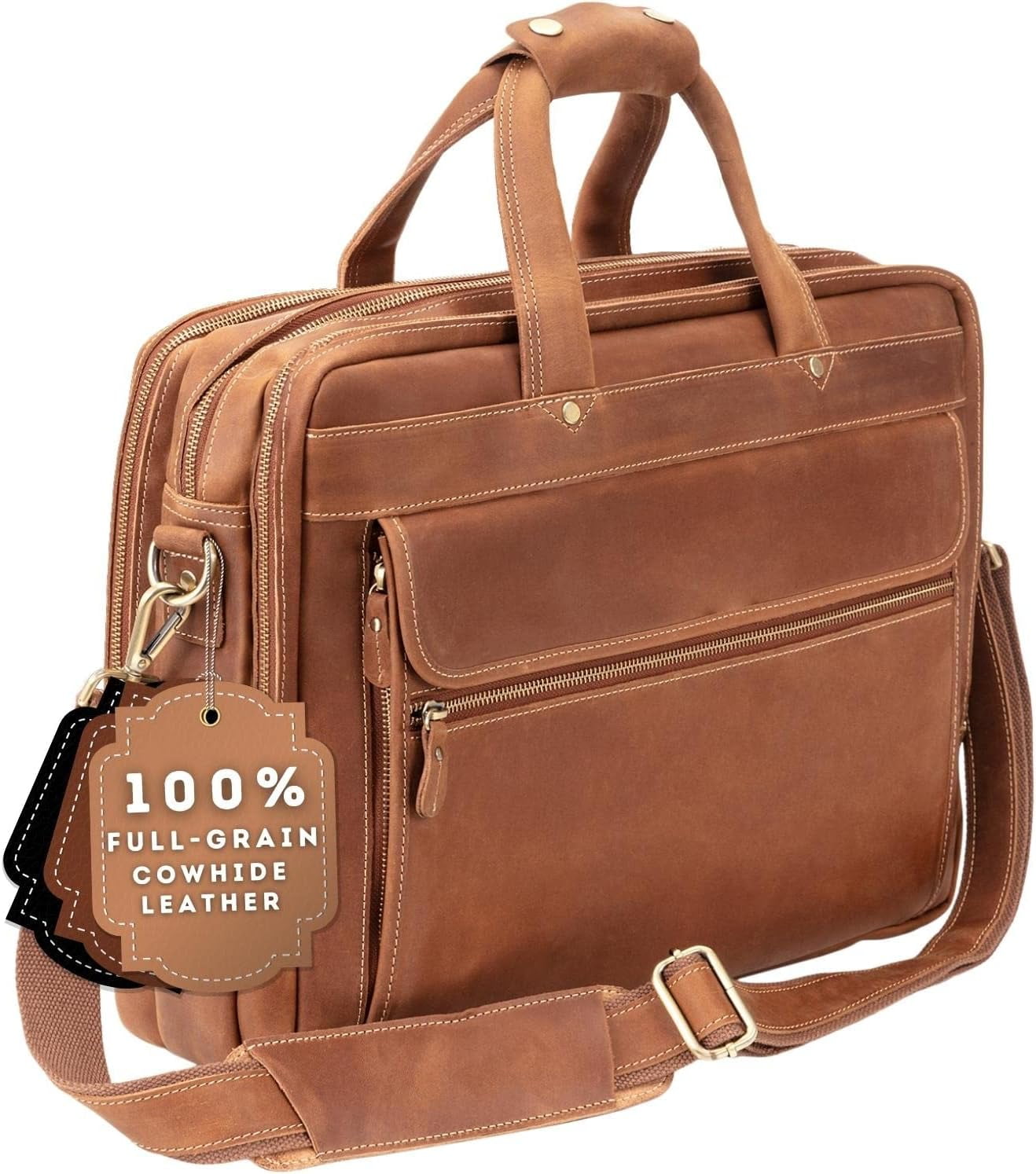 Full Grain Leather Briefcase for Men, Handcrafted, Fits 15.6" Laptop ...