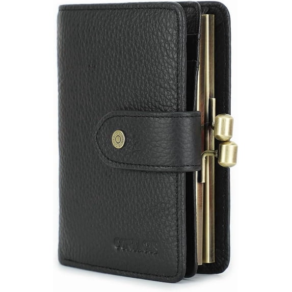 Full Grain Leather Lock Wallet for Women Pocket Clasp Purse Small Card ...