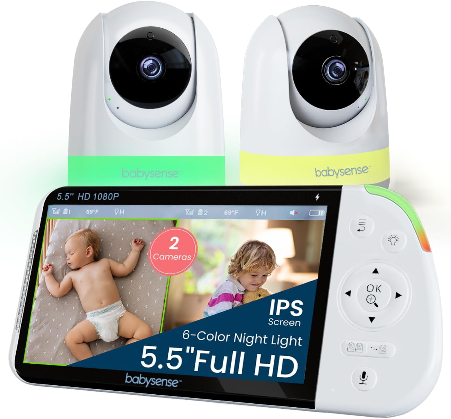 Full HD 5.5" Split Screen Baby Monitor with 2 Cameras, 6-Color Night ...