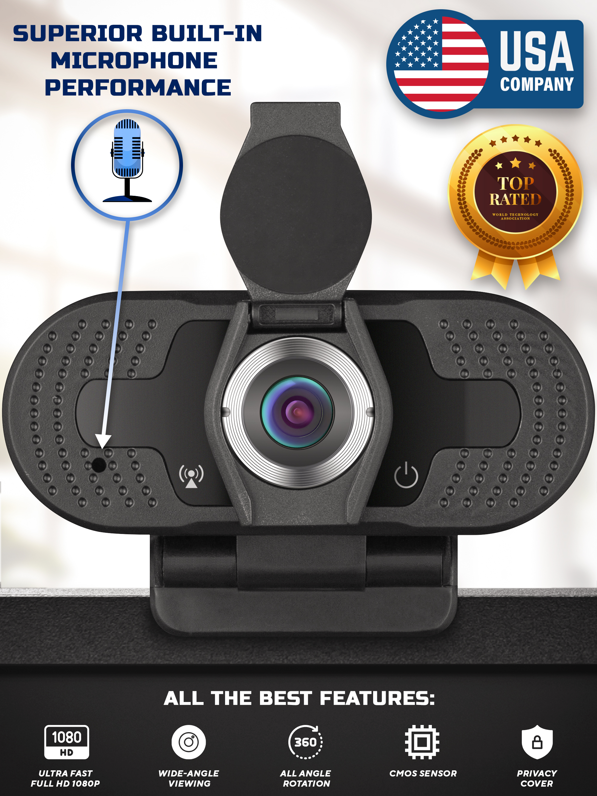 Full HD Web Camera, 1080p Webcam w/ Built-In Microphone & Lens Cover ...