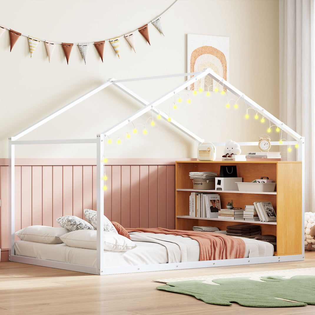 Full House Bed with Roof Canopy, Metal House Bed Frame with Built-in ...