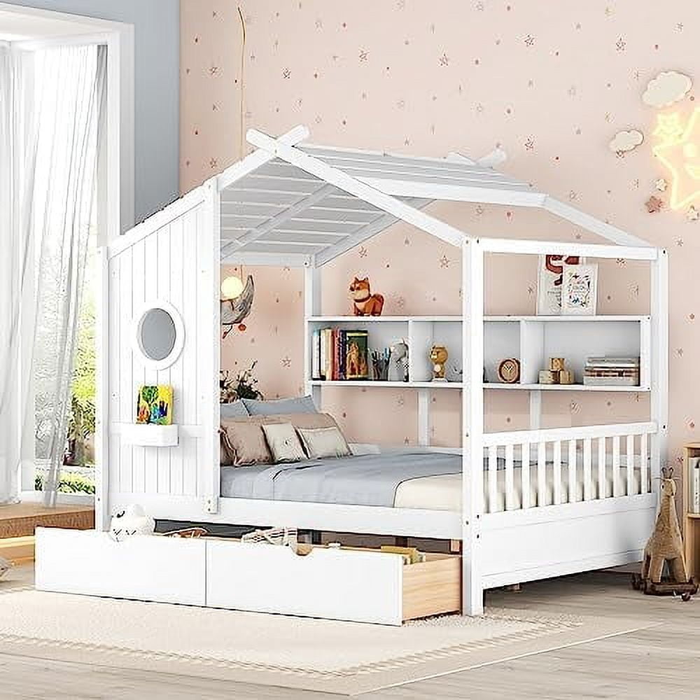 Full House Bed with Storage Drawers & Bookcase, Montessori Bed Full ...