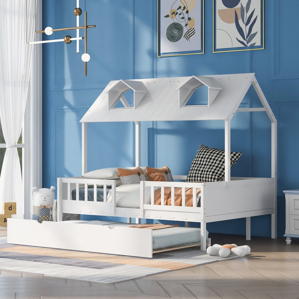 Full House Bed with Trundle, Wooden Daybed Frame with Roof and Window ...