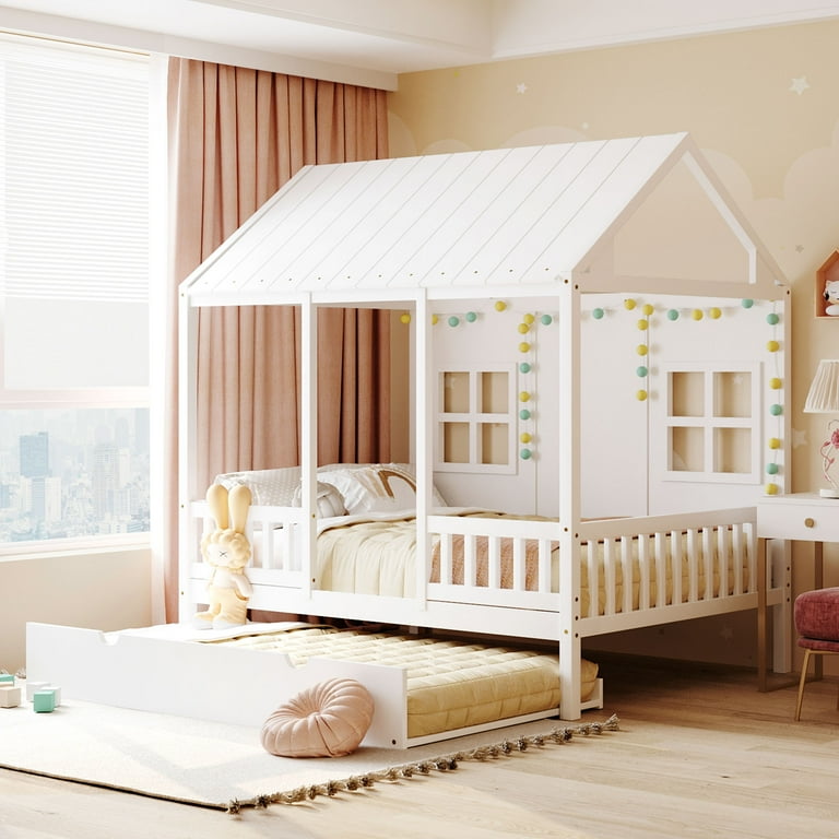 Full House Bed with Trundle Wooden Kids Montessori Bed Daybed Frame with Roof and Window Full Size Platform Trundle Bed Playhouse for Toddler Kids Teen No Box Spring Needed White Walmart