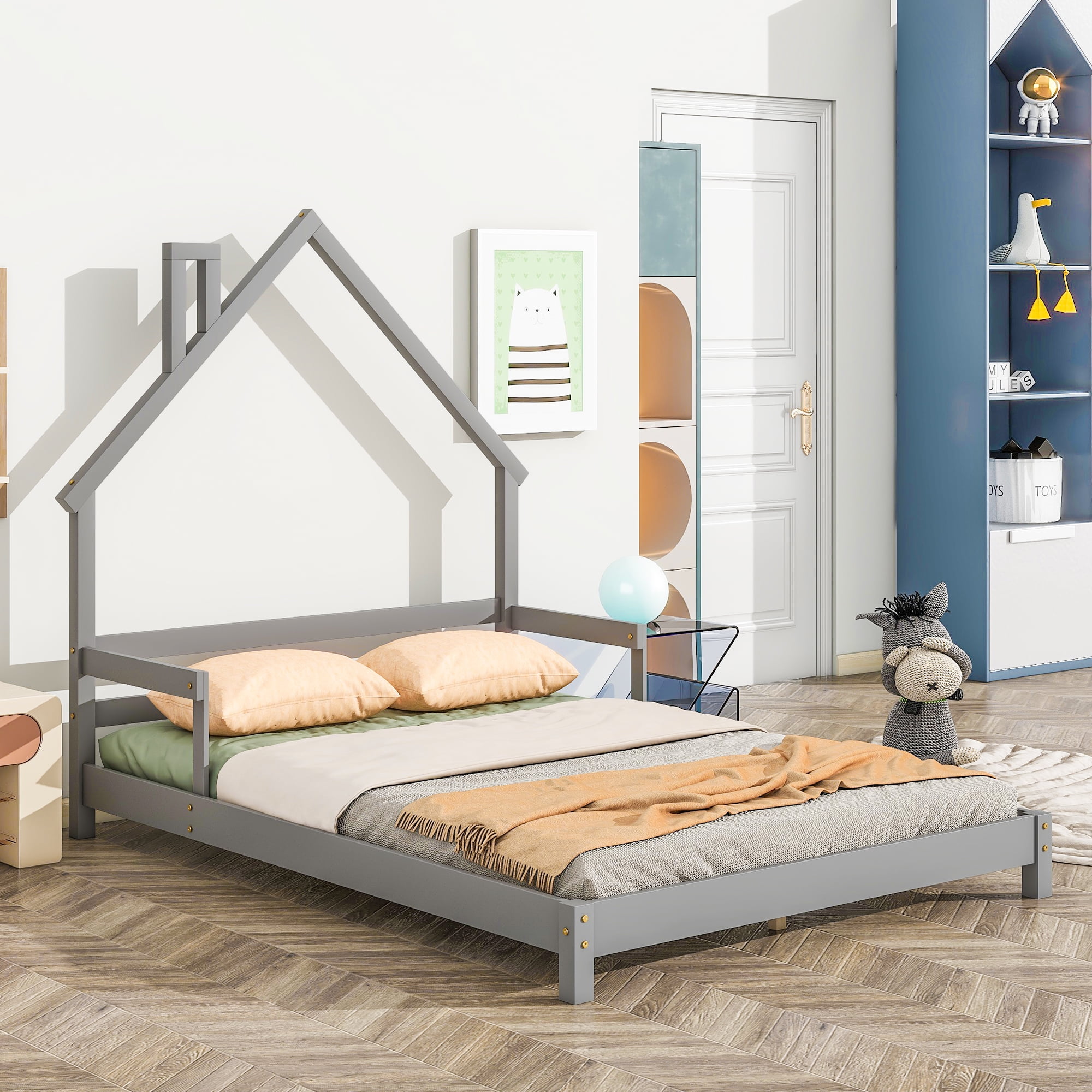 Full House-Shaped Headboard Bed with Handrails ,slats ,Grey - Walmart.com