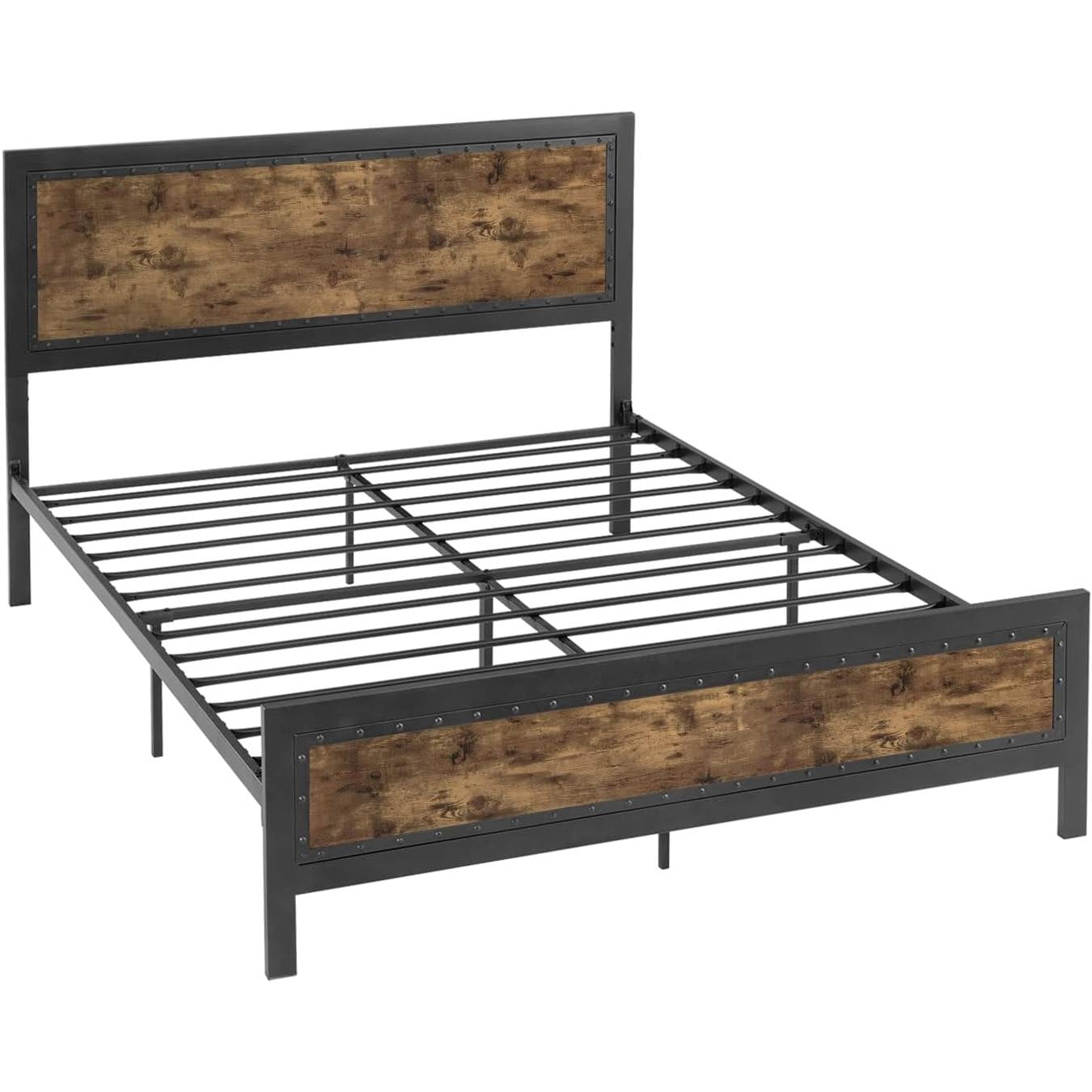 Full Industrial Rivet Platform Bed Frame with Headboard in Rustic Wood ...