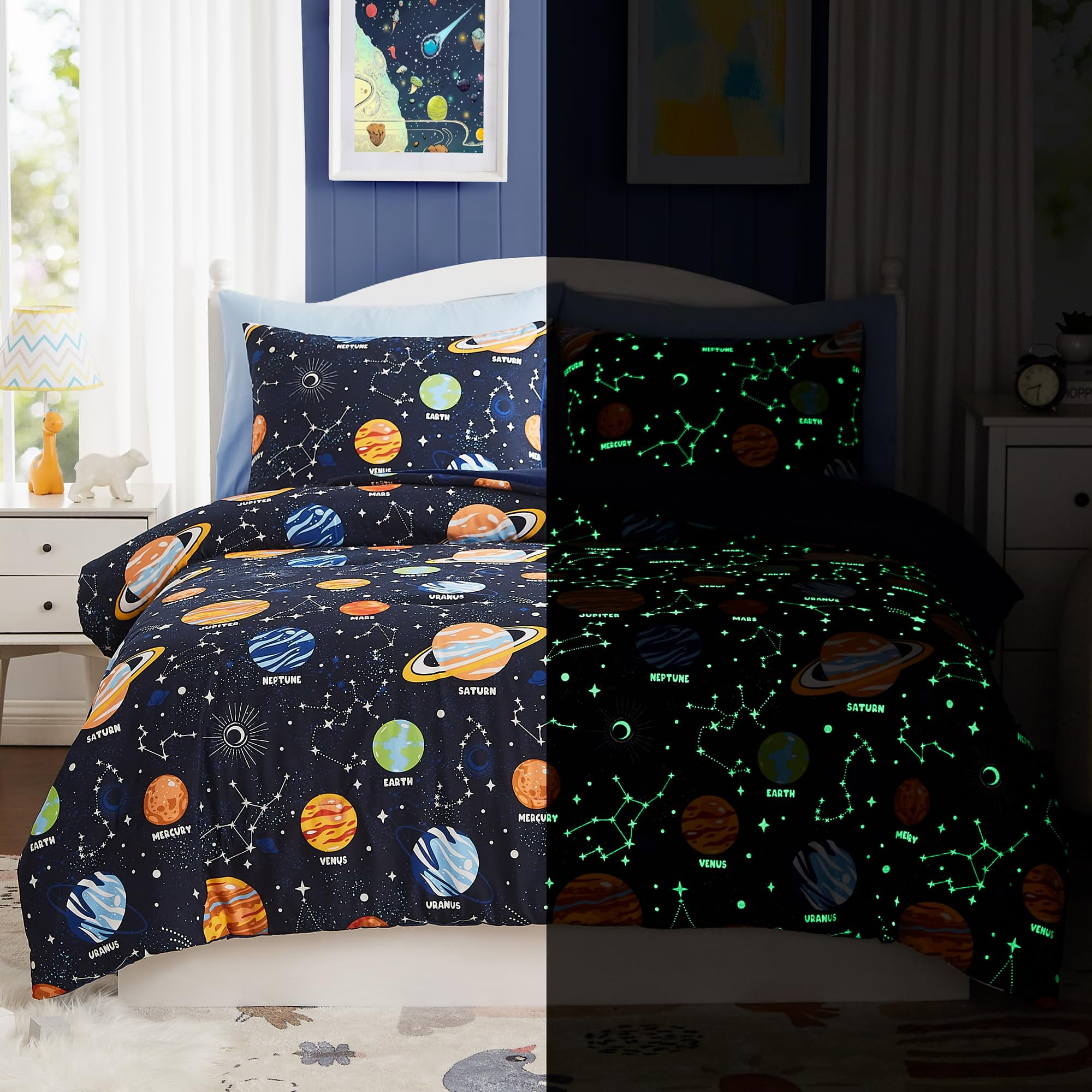 Full Kids Comforter Set - 7 Pieces Full Bedding Sets for Boys Girls Teen, Glow in The Dark Space ...